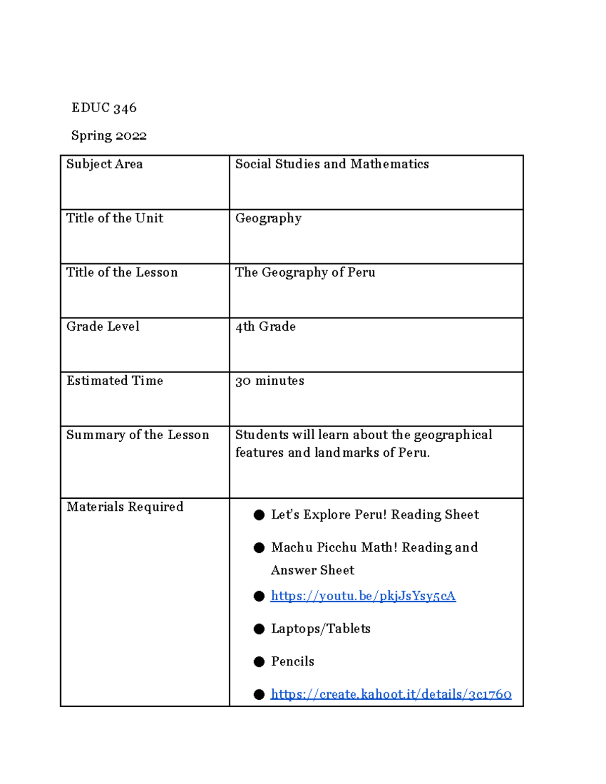 Geography Lesson Plan for 4th Grade - EDUC 346 Spring 2022 - Studocu