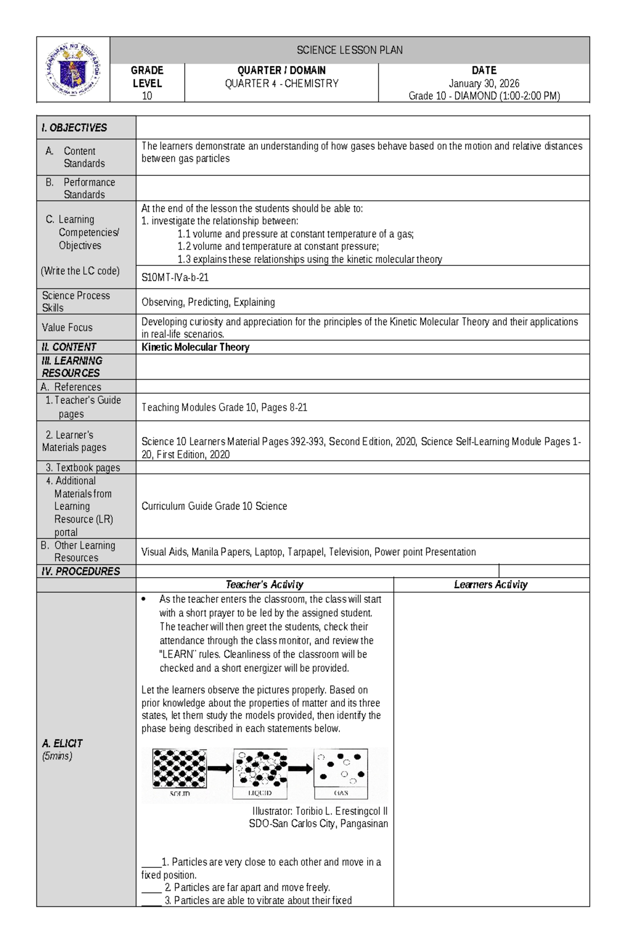 Grade 10 Science Lesson Plan: Kinetic Molecular Theory (KMT) - Studocu