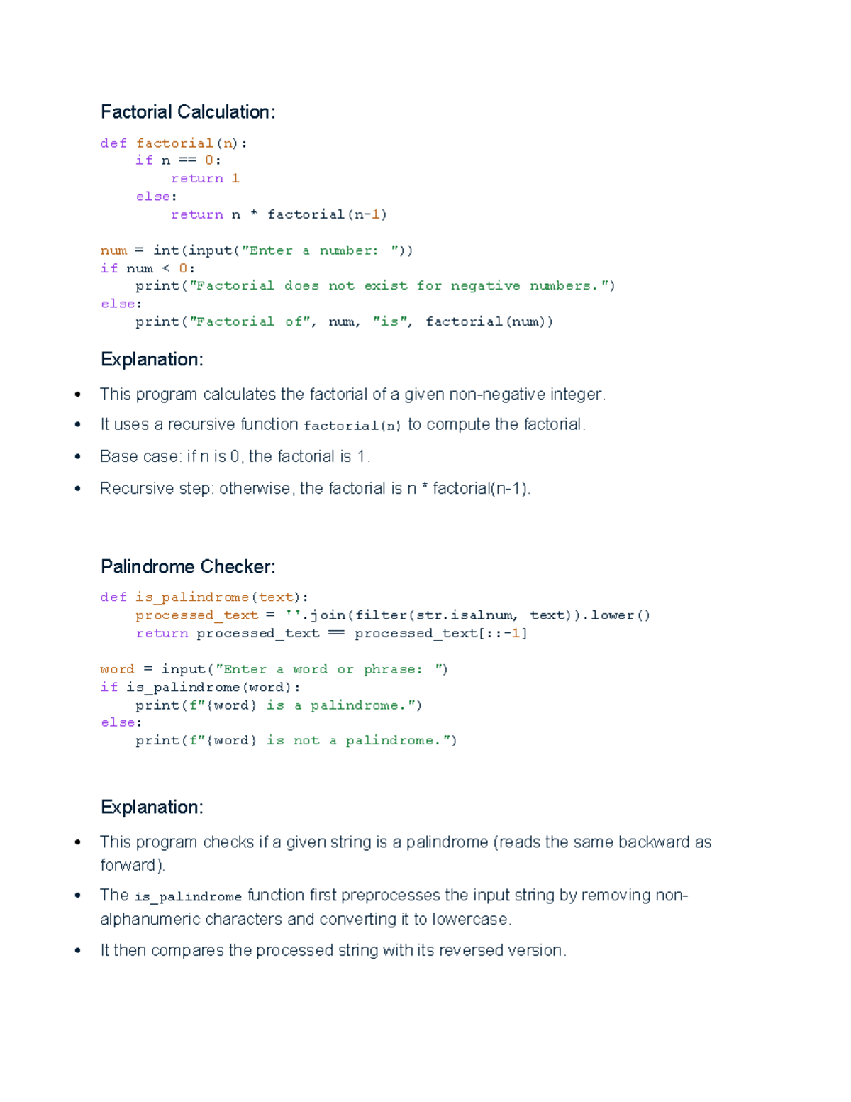 Factorial Calculation and Palindrome Checker in Python - Studocu