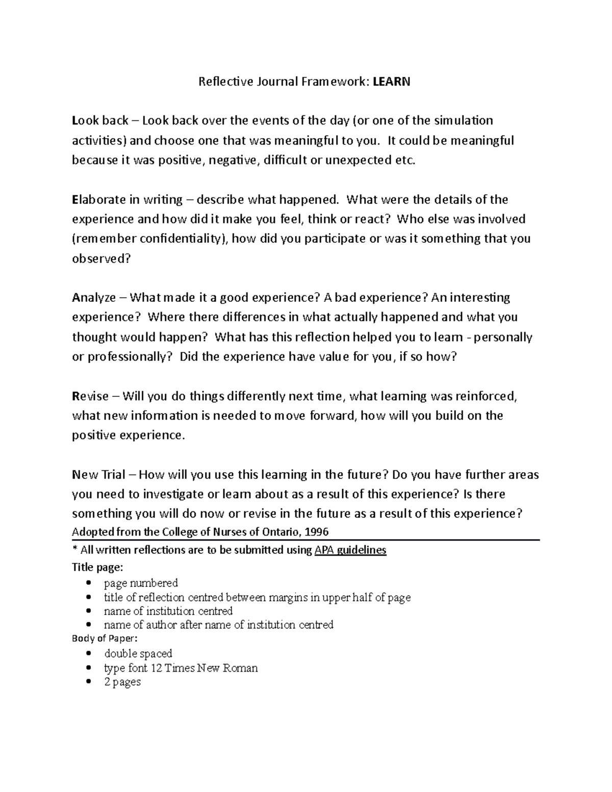Reflective Journal Framework for LEARN: Analyzing Personal Experiences ...