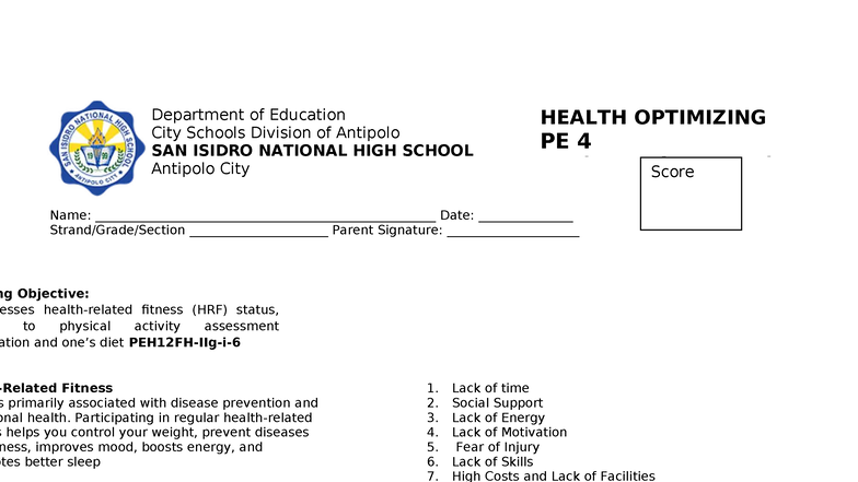 HRF Assessment Activity Sheet for PE 4 - No. 6 - Studocu