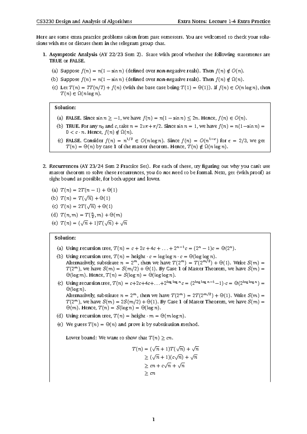 CS3230 Design and Analysis of Algorithms: Extra Practice Solutions ...
