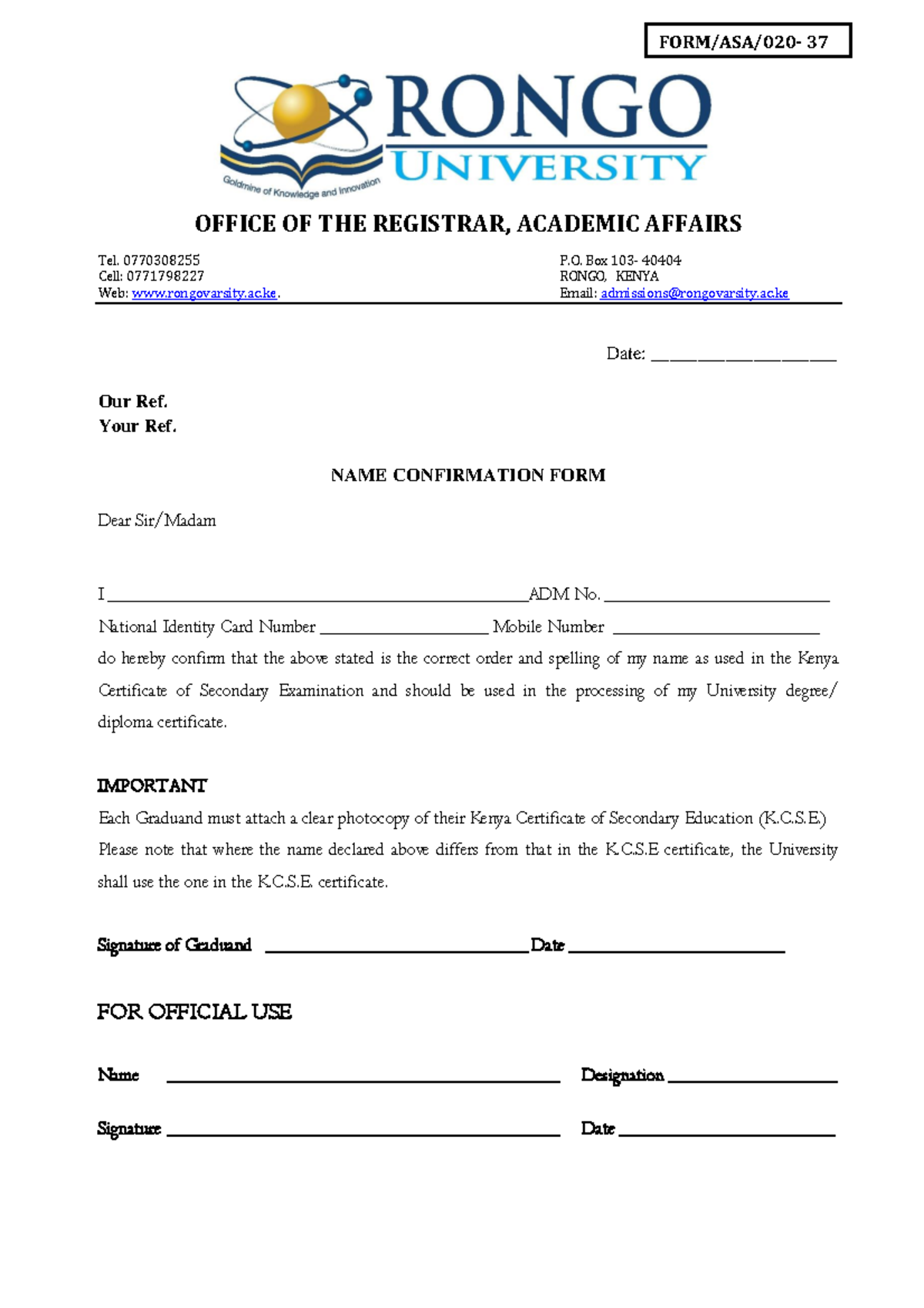 NAME Declaration Form for Graduands - Important Instructions - Studocu