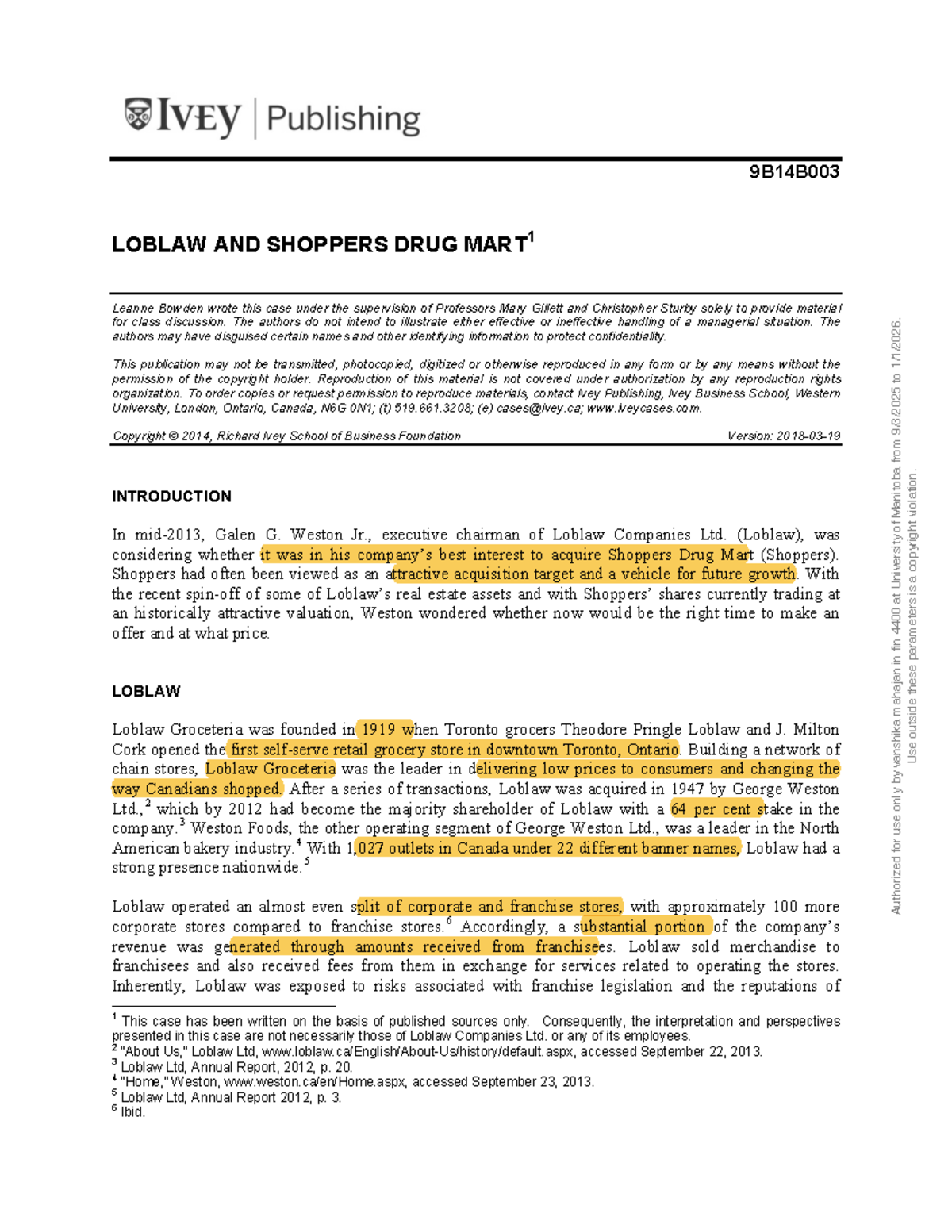 9B14B003 Case Study: Loblaw's Potential Acquisition of Shoppers Drug ...