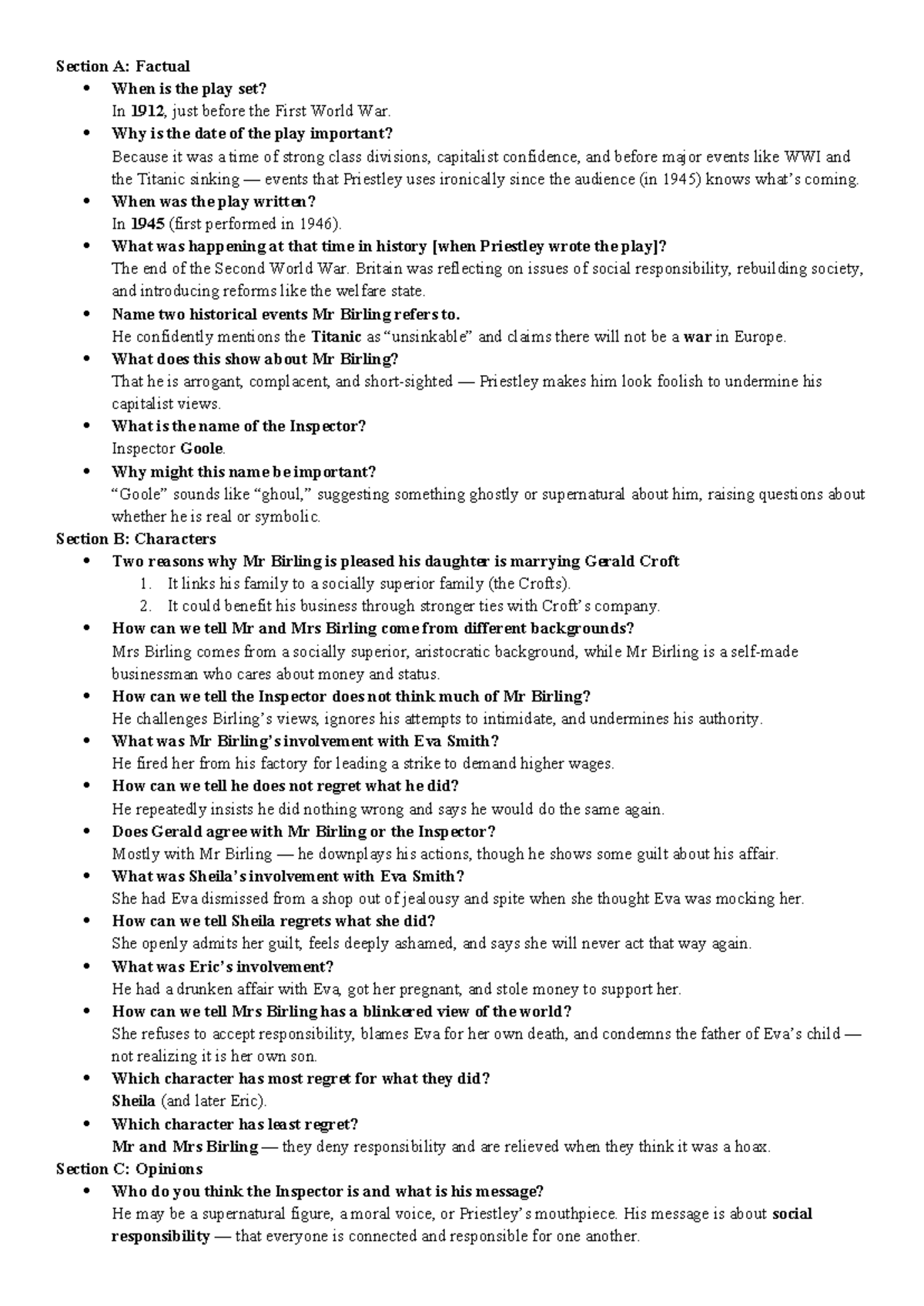 An Inspector Calls Activities: Analysis & Character Insights - Studocu