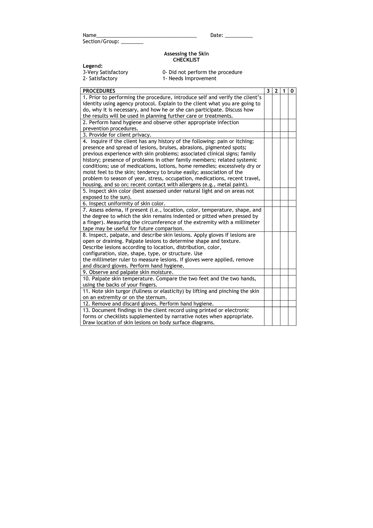 Skin Assessment Checklist - Demo Guide for Course Code [Insert Code ...