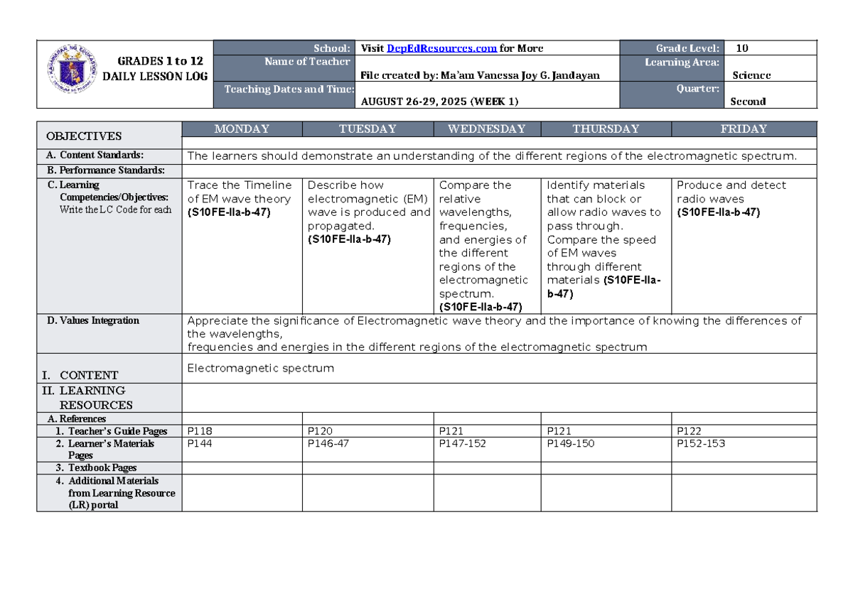 DLL Science 10 Q2 W1 V2 - Daily Lesson Log and Lecture Notes - Studocu