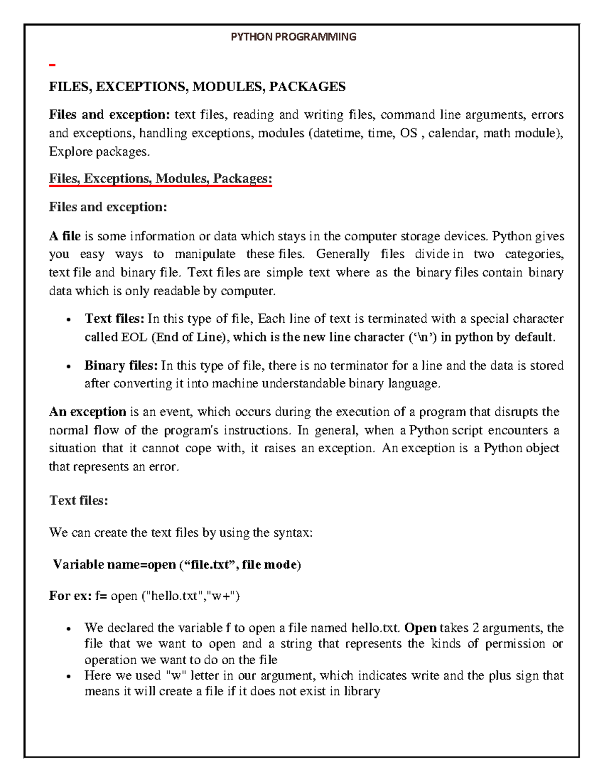 Python Programming Notes ( Files, Exceptions, Modules, Packages ...