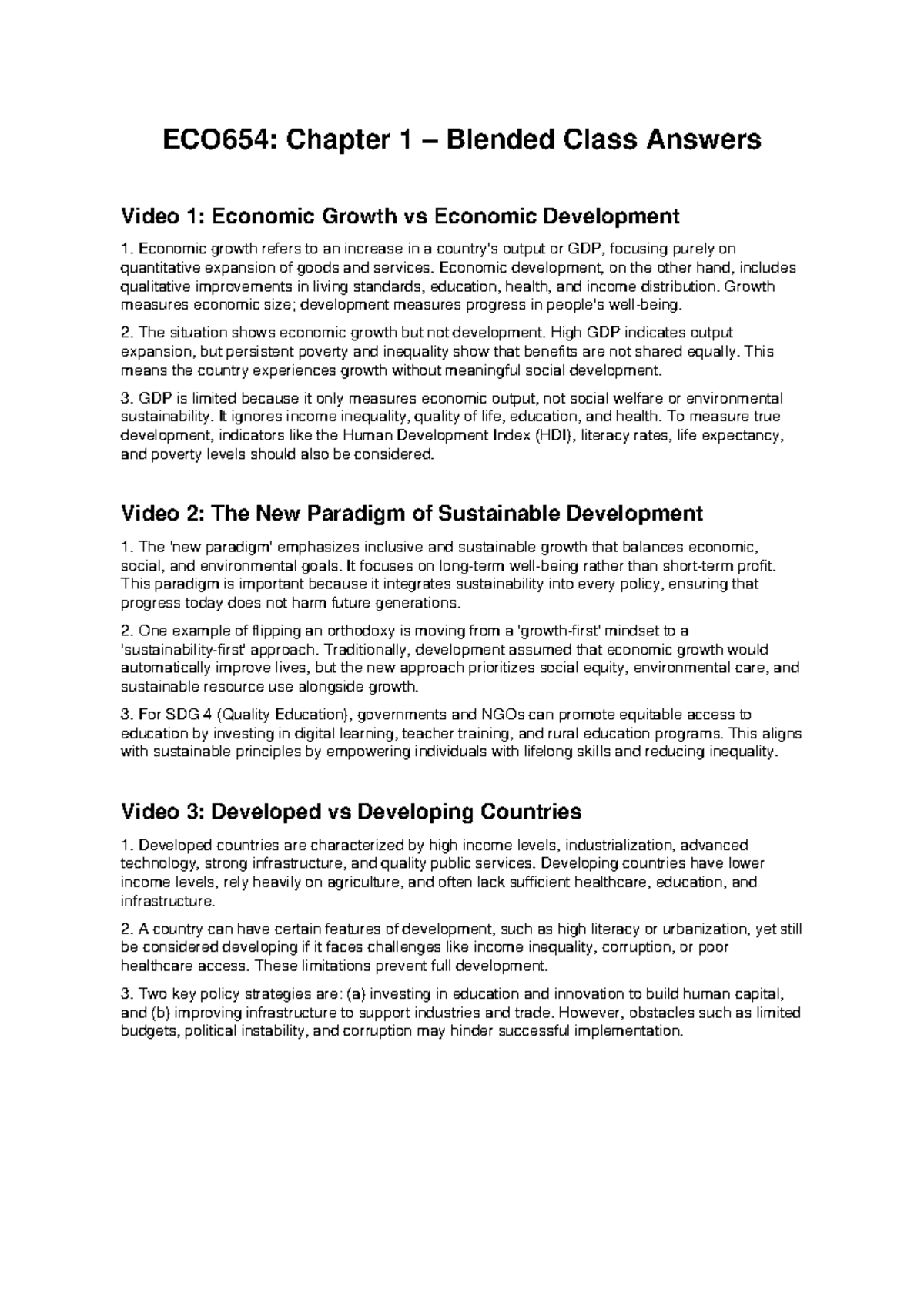 ECO654: Chapter 1 Answers on Economic Growth & Development - Studocu