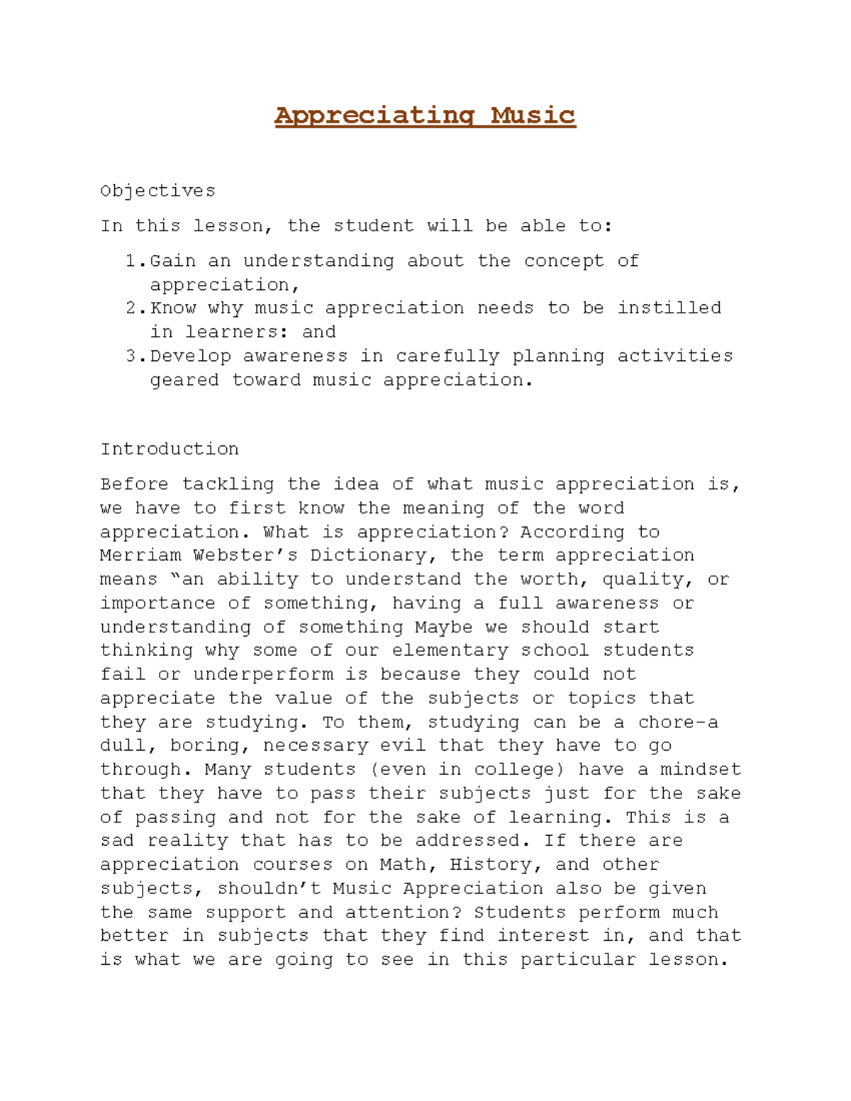 Lesson 2 Appreciating Music - Appreciating Music Objectives In this ...