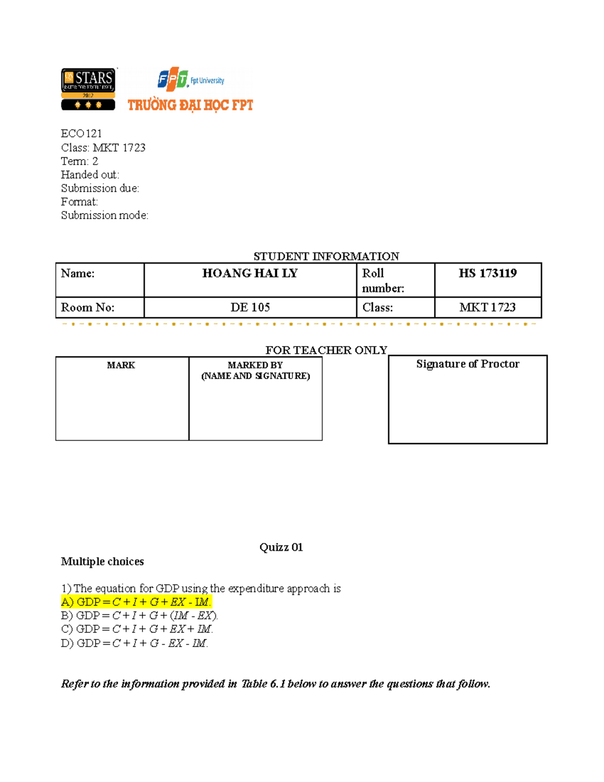 ECO121 Quiz01 Spring 2023 - ECO Class: MKT 1723 Term: 2 Handed out ...