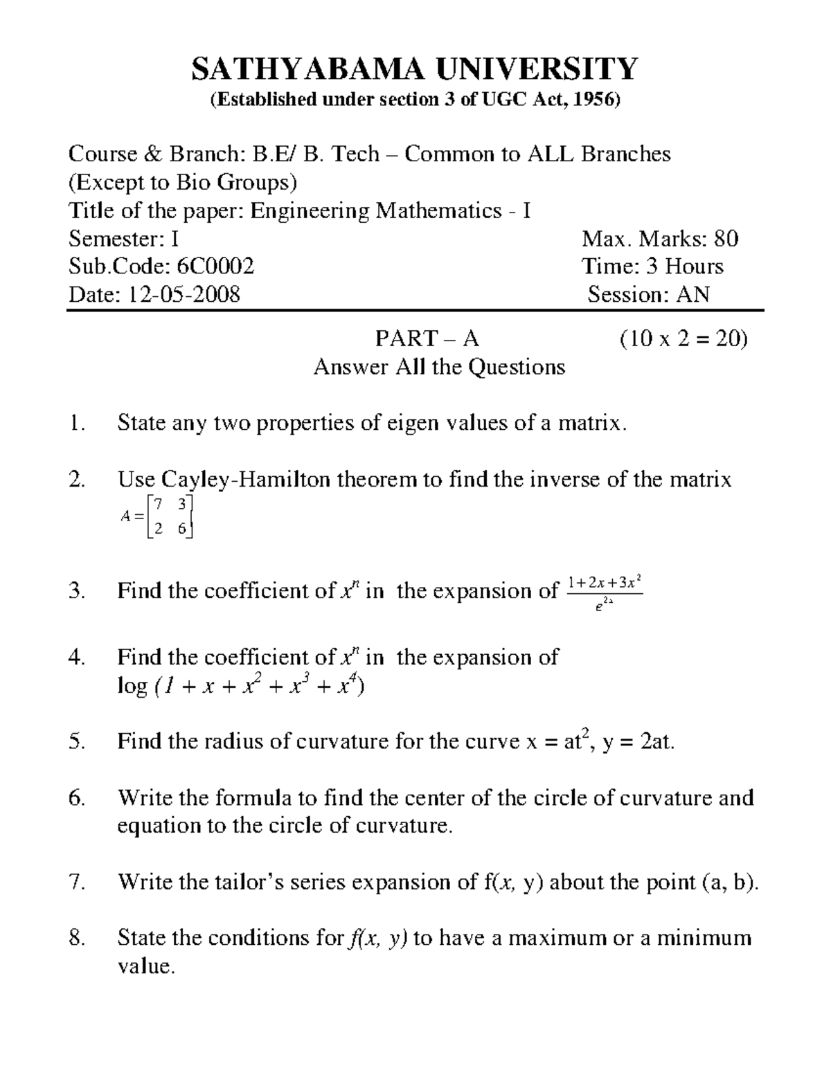 SMT1101 Engineering Mathematics - I Semester 1 Question Paper - Studocu