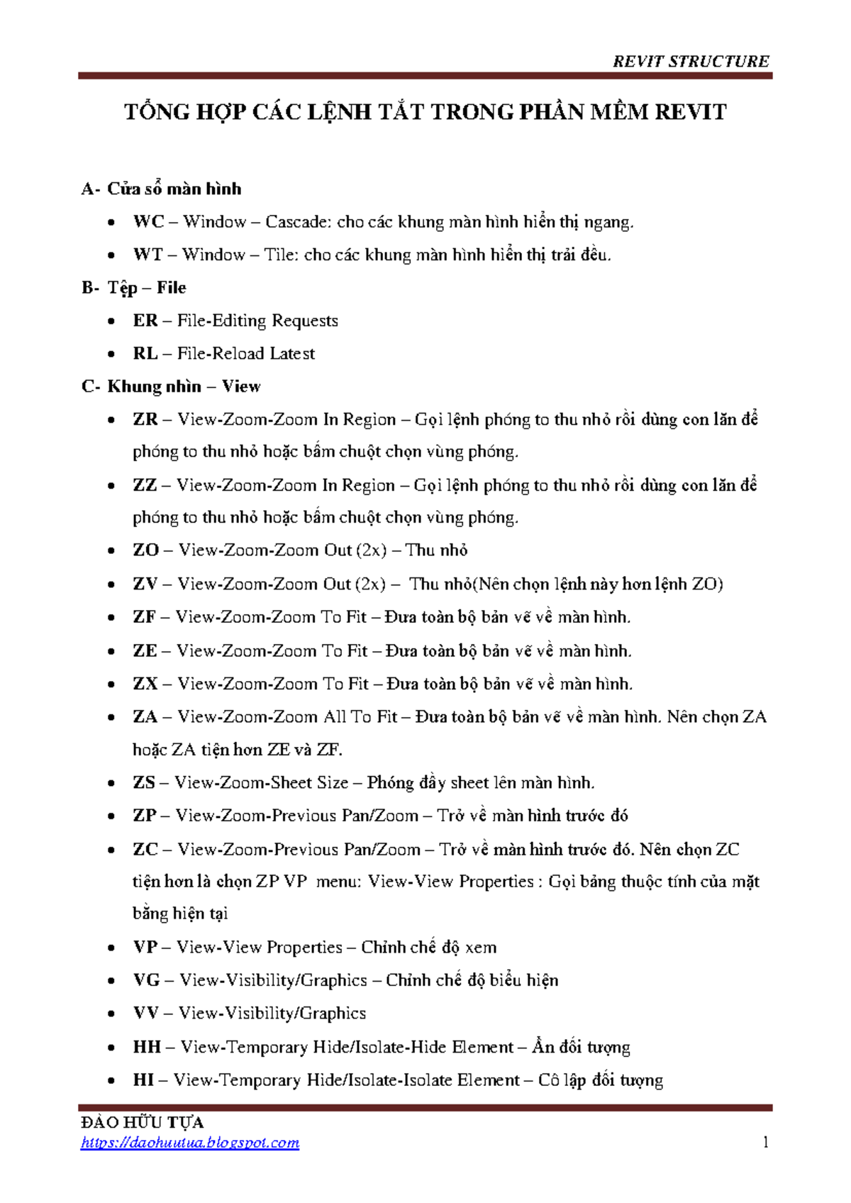 TỔNG HỢP CÁC LỆNH TẮT TRONG REVIT STRUCTURE - Studocu