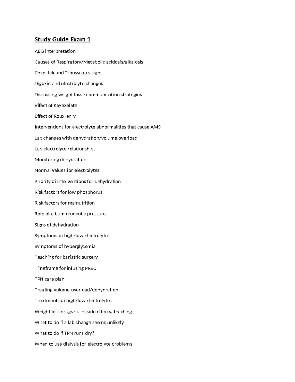 Study Guide Exam 1: ABG Interpretation & Electrolyte Management - Studocu