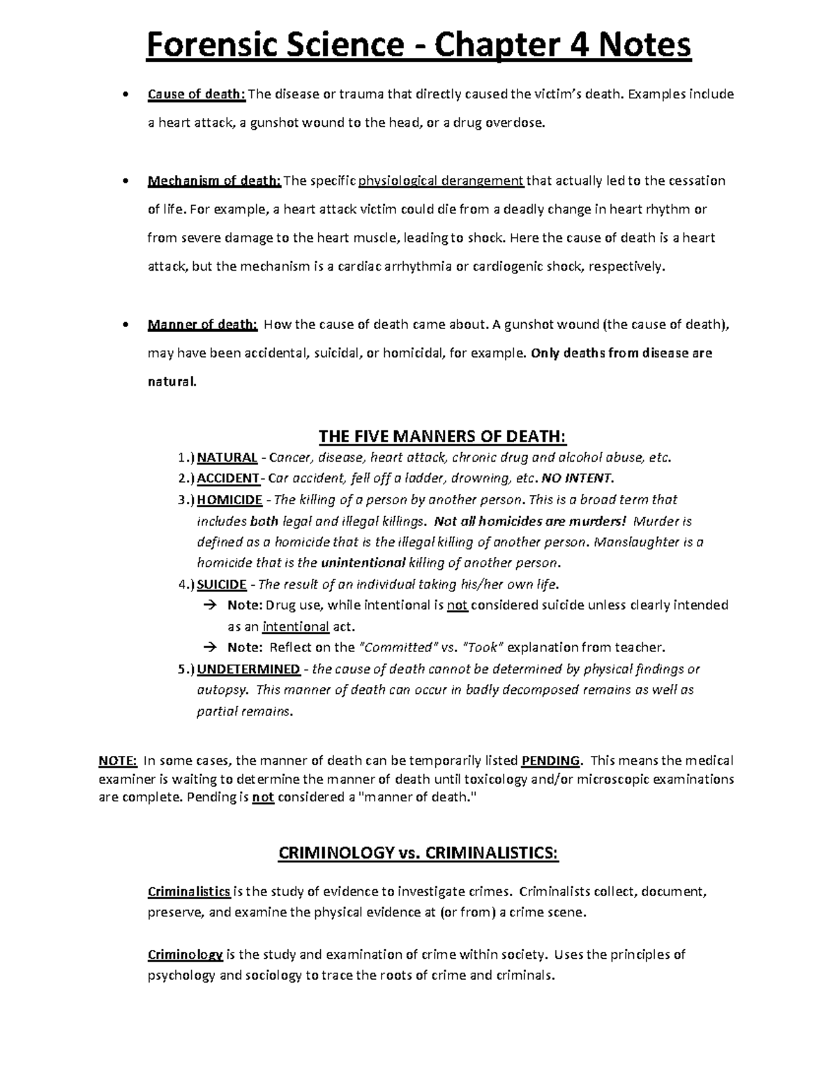 Forensic Science CH4 Notes: Cause, Mechanism, and Manner of Death - Studocu