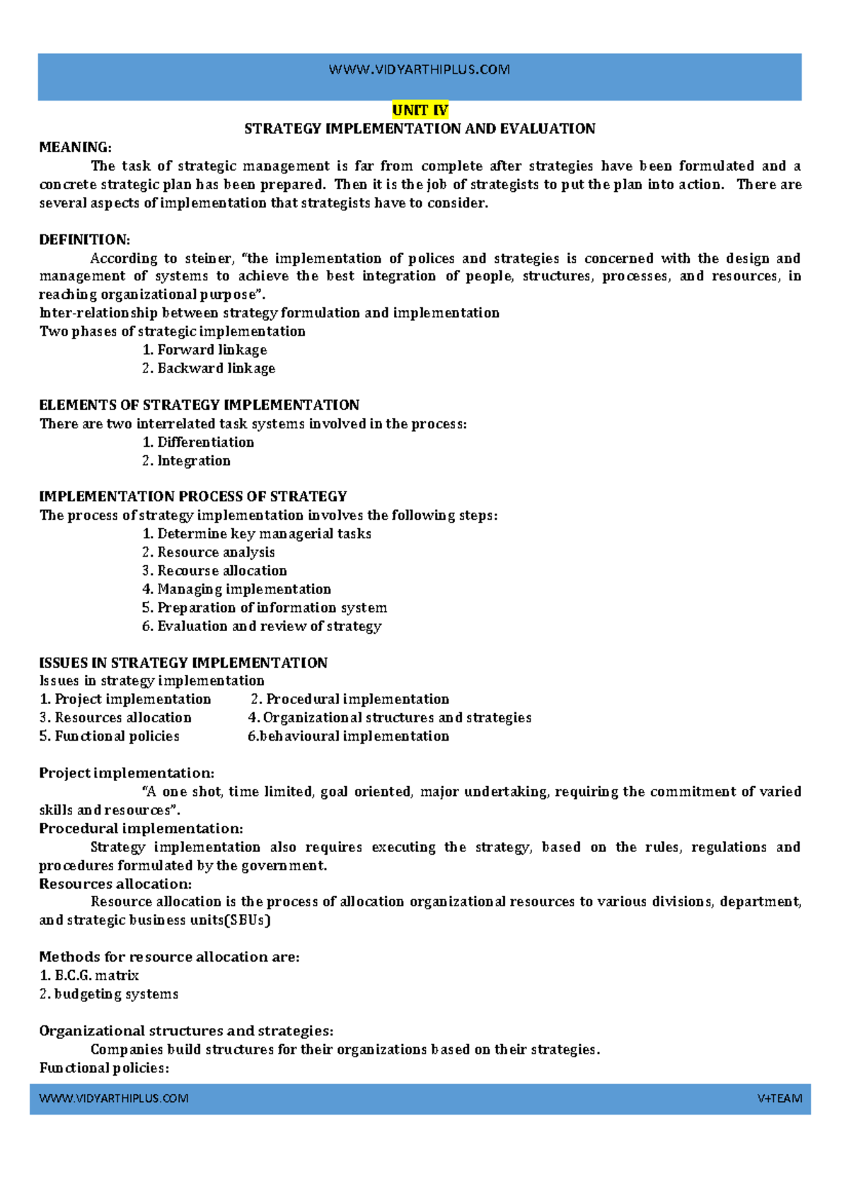 UNIT 4 - Strategy Implementation and Evaluation in Management - Studocu