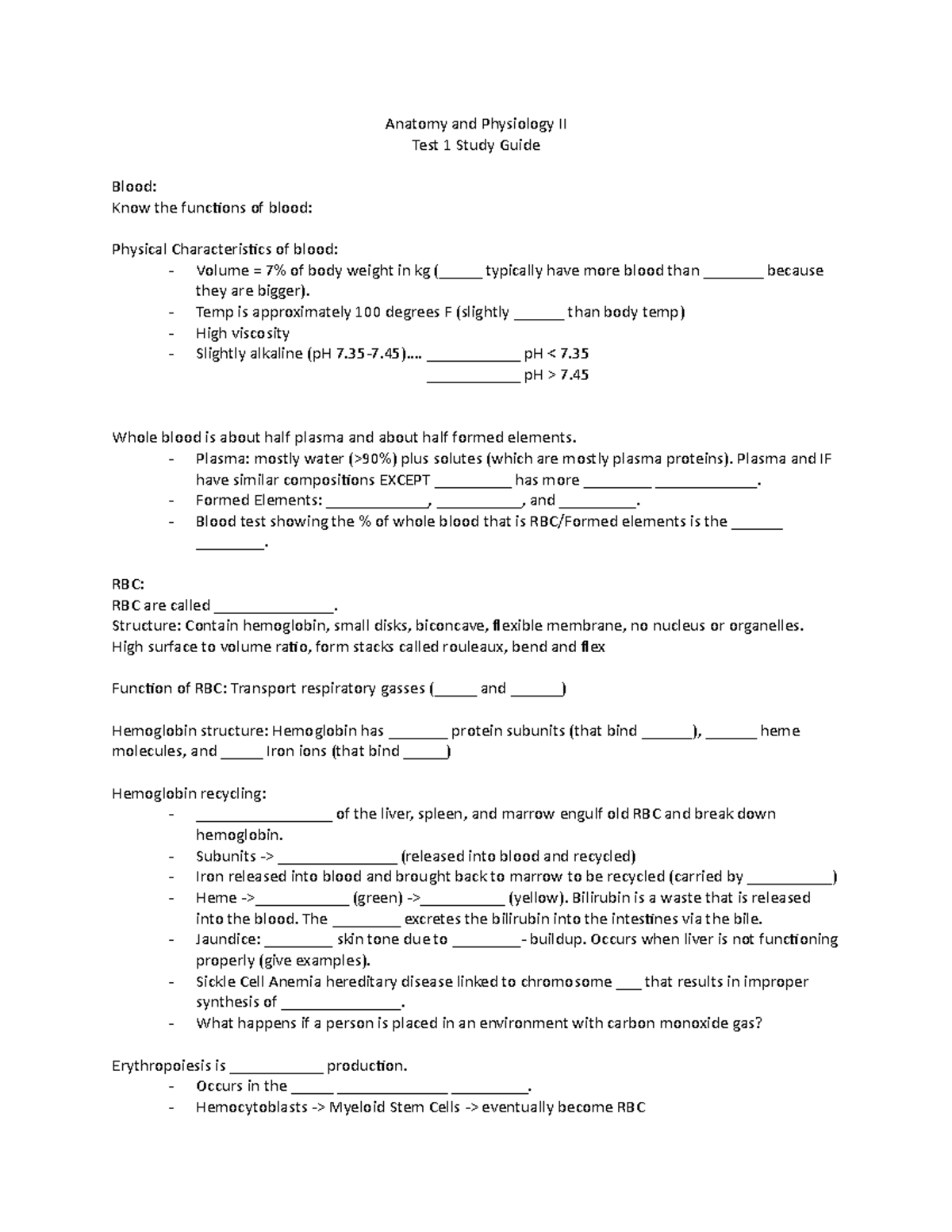 Test 1 Study Guide Part 1 - Anatomy and Physiology II Test 1 Study ...