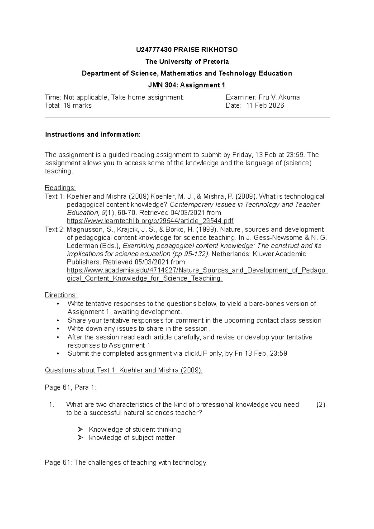 JMN 304: Guided Reading Assignment 1 on Pedagogical Content Knowledge ...