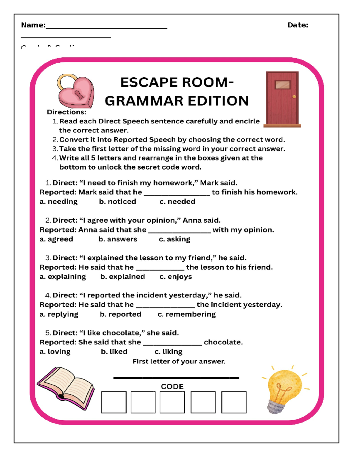 ESCAPE GRAMMAR EDITION: Direct to Reported Speech Exercise - Studocu