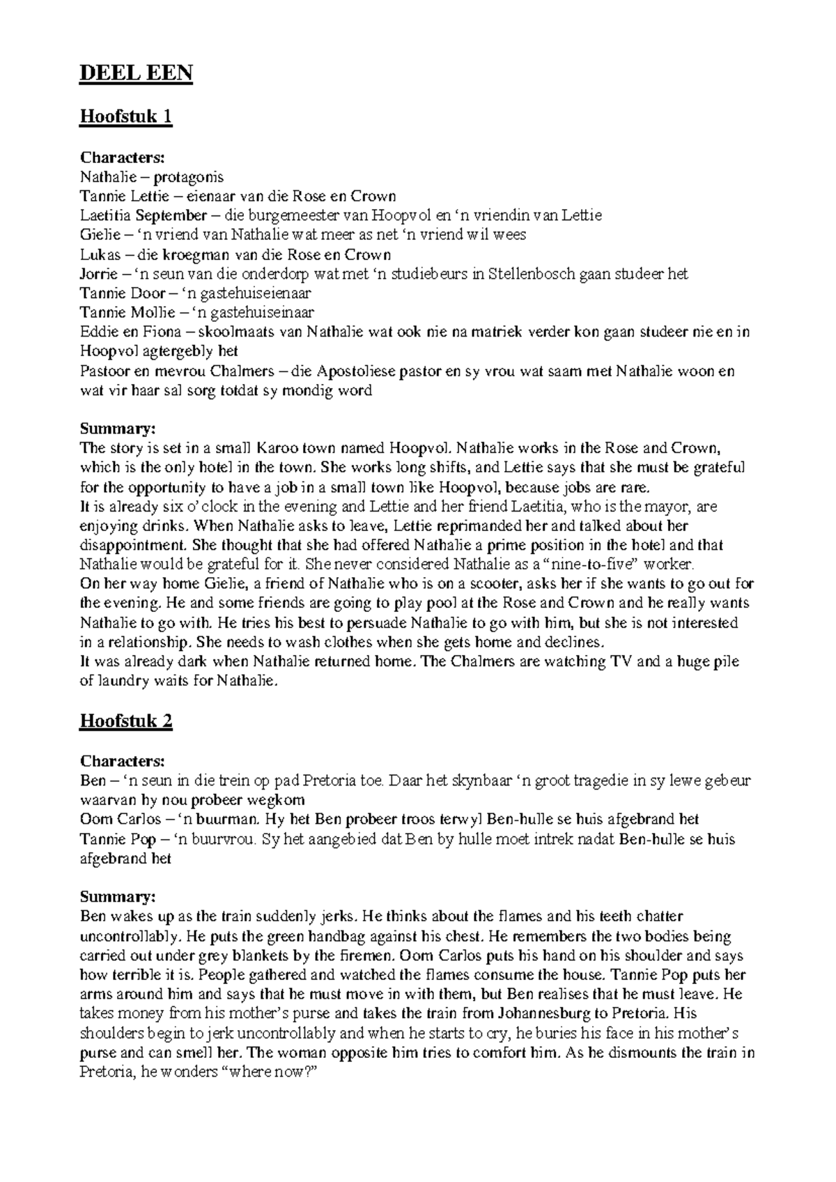 Hoopvol Samestelling: 'n Opsomming van Hoofstukke en Karakters - Studocu
