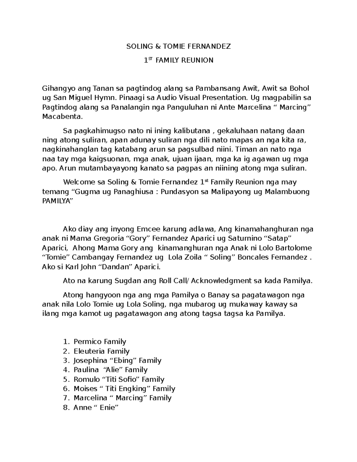 Soling Tomie Fernandez 1st Family Reunion Script - Studocu