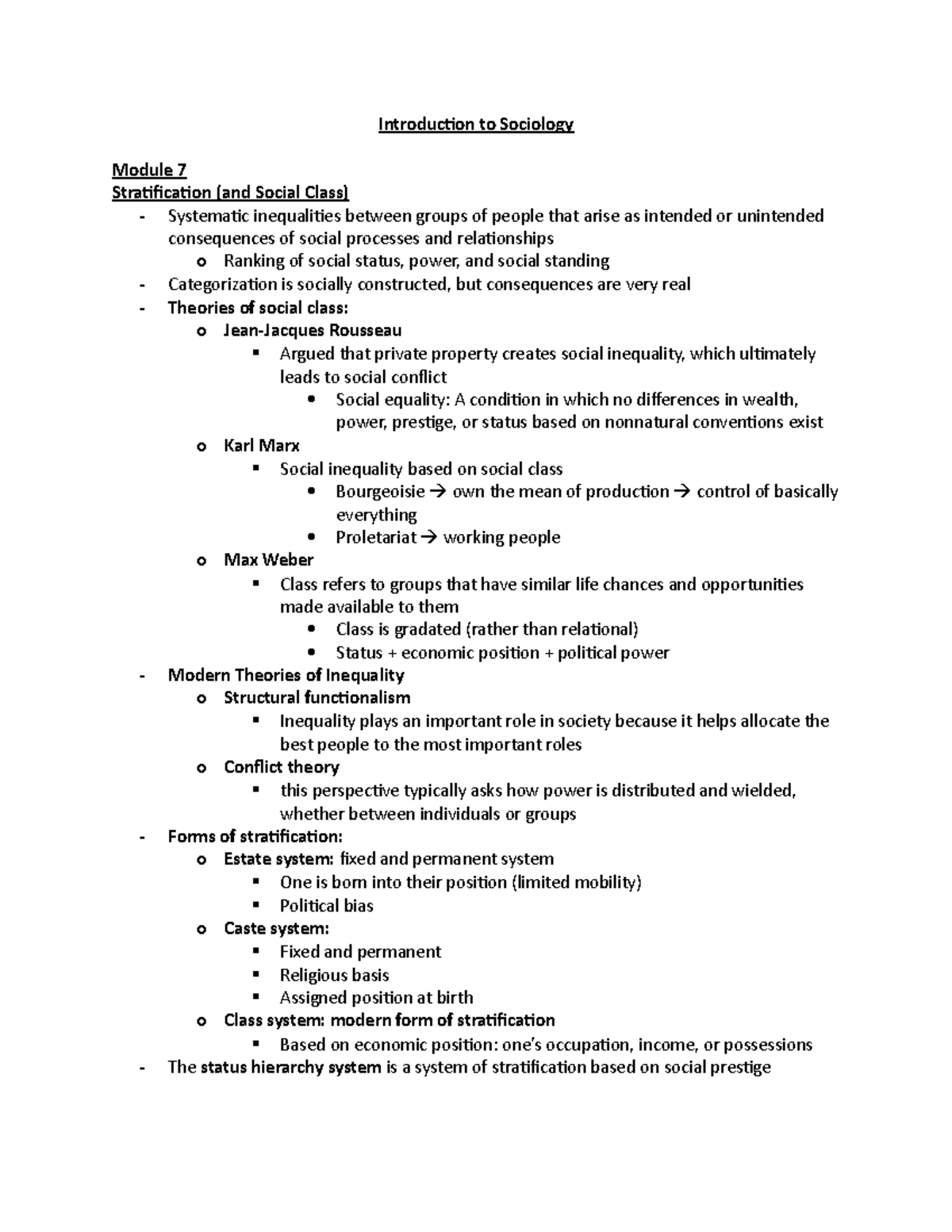 Chapter 7 - Sociology Lecture Notes: Understanding Stratification and ...