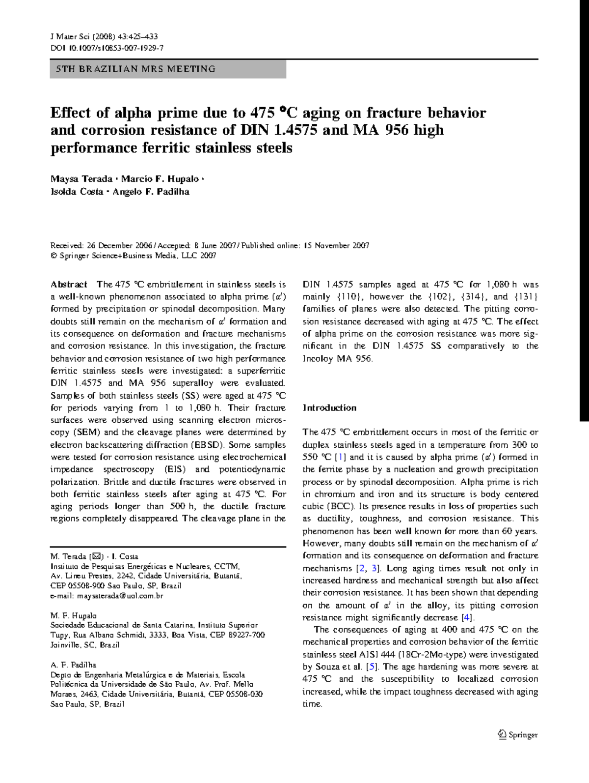 Effect of 475 °C Aging on Fracture & Corrosion of DIN 1 & MA 956 Steels ...