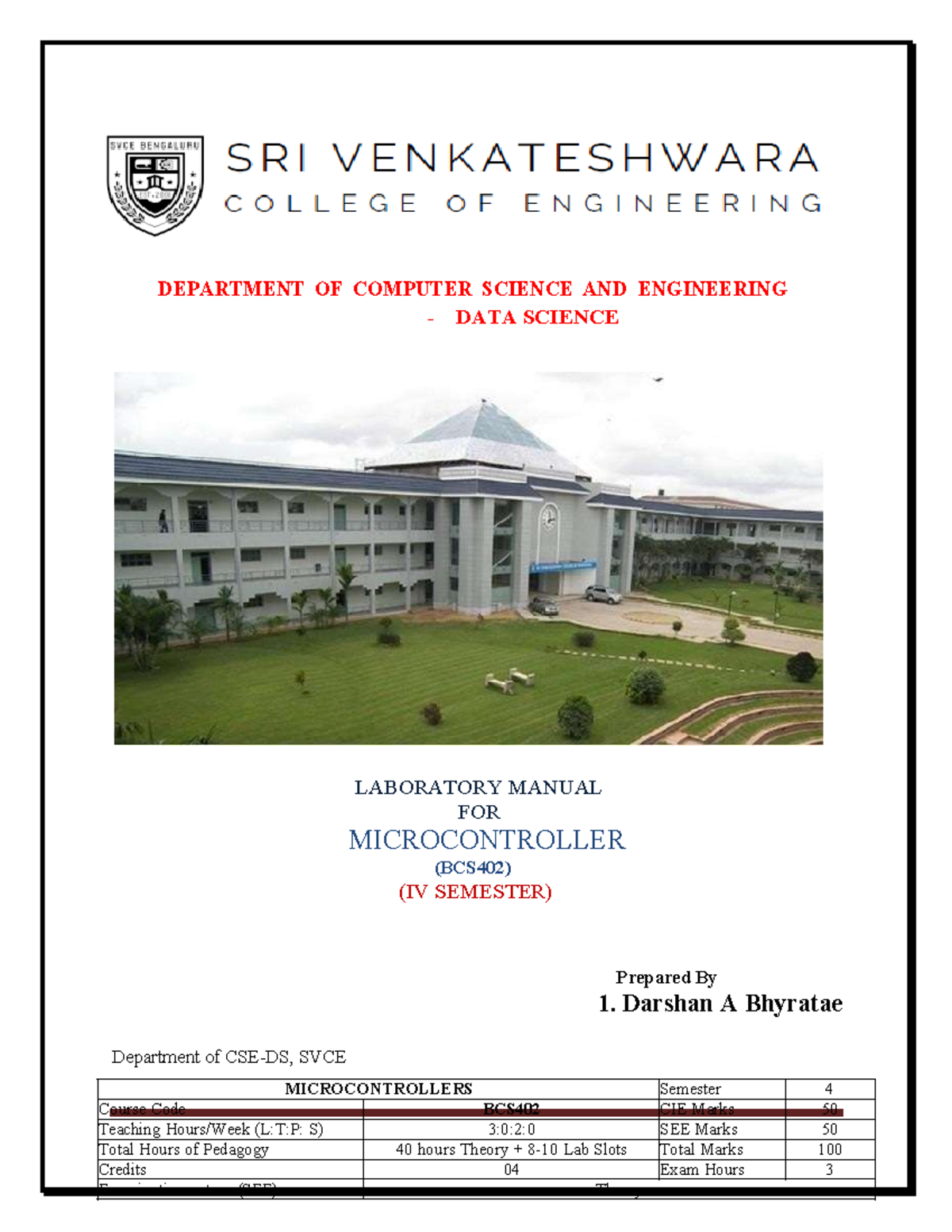 Microcontroller Lab Manual (BCS402) for IV Semester Students - Studocu