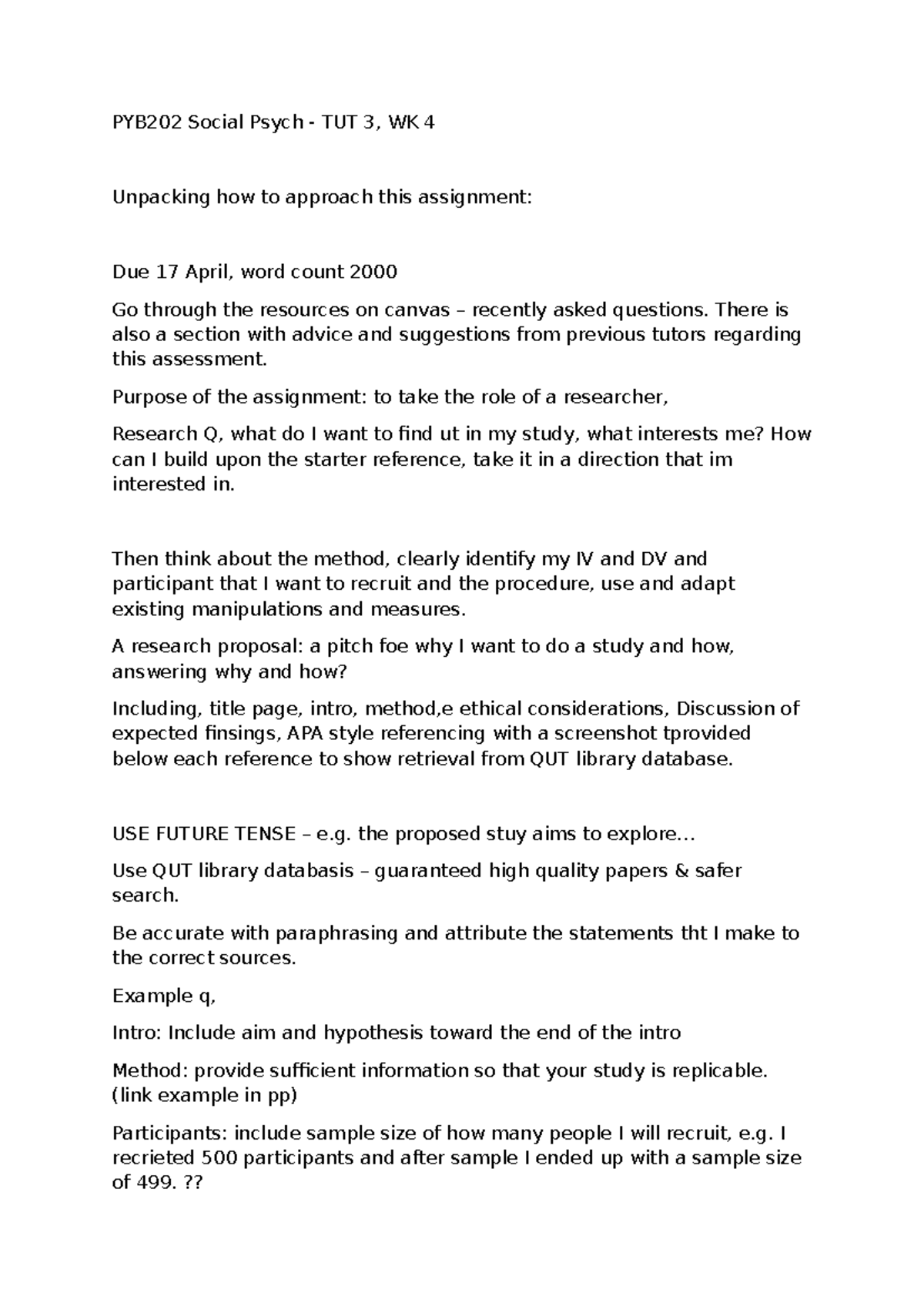 PYB202 Social Psych TUT 3: Research Proposal Guidelines and Tips - Studocu