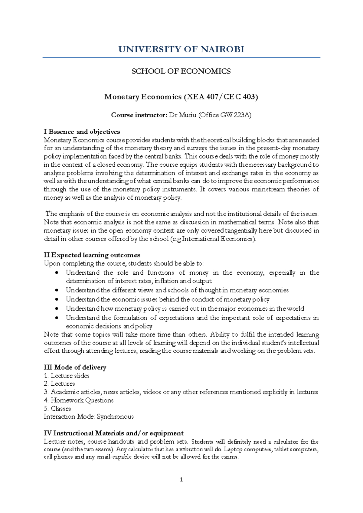 Monetary Economics Course Outline (XEA 407/CEC 403) - Studocu