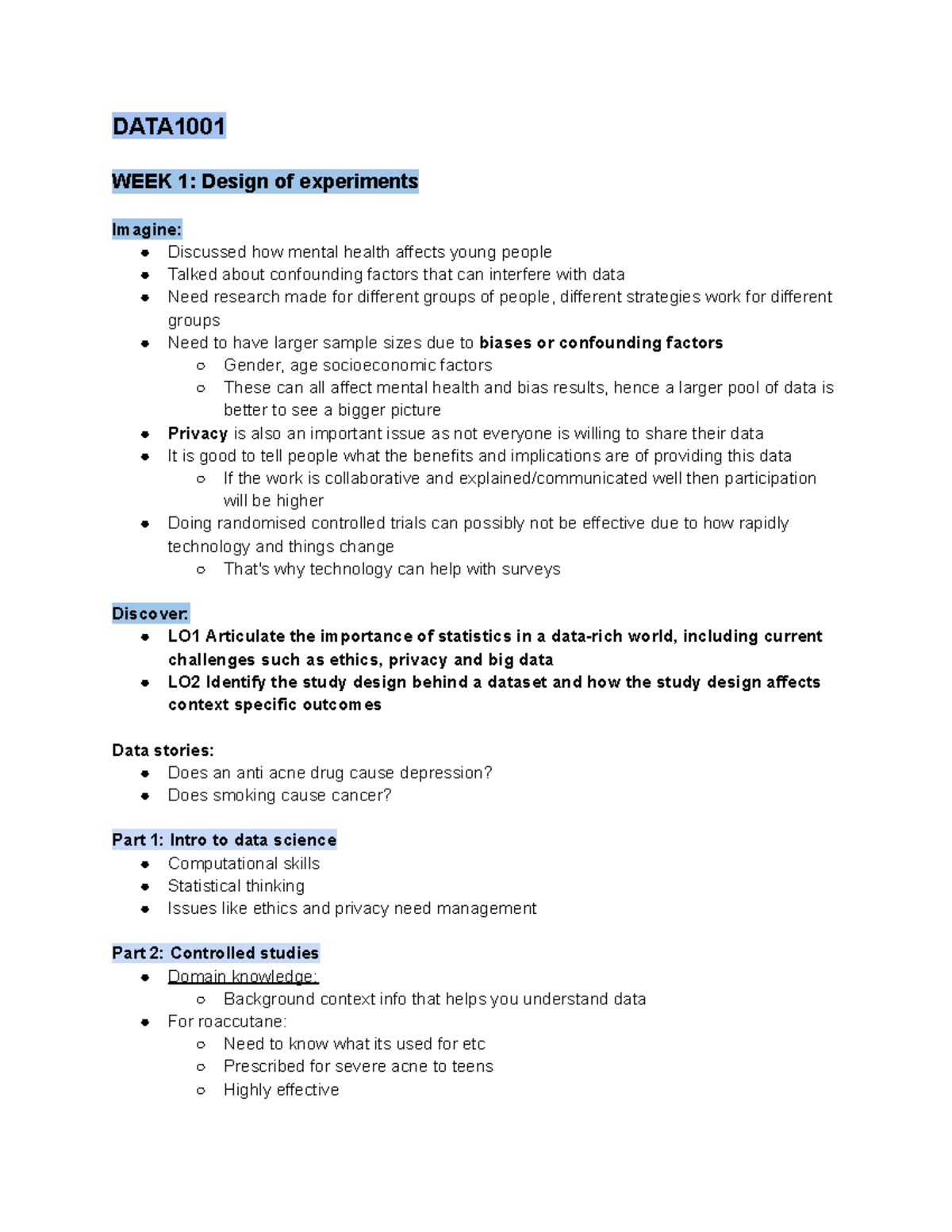 DATA1001 - Lecture Notes - DATA WEEK 1: Design of experiments Imagine ...