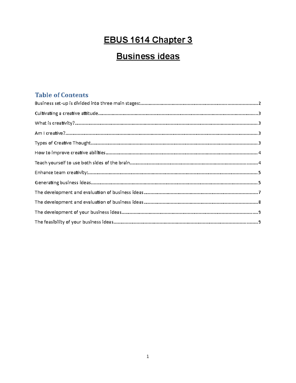 EBUS 1614: Entrepreneurship Chapter 3 - Generating Business Ideas - Studocu