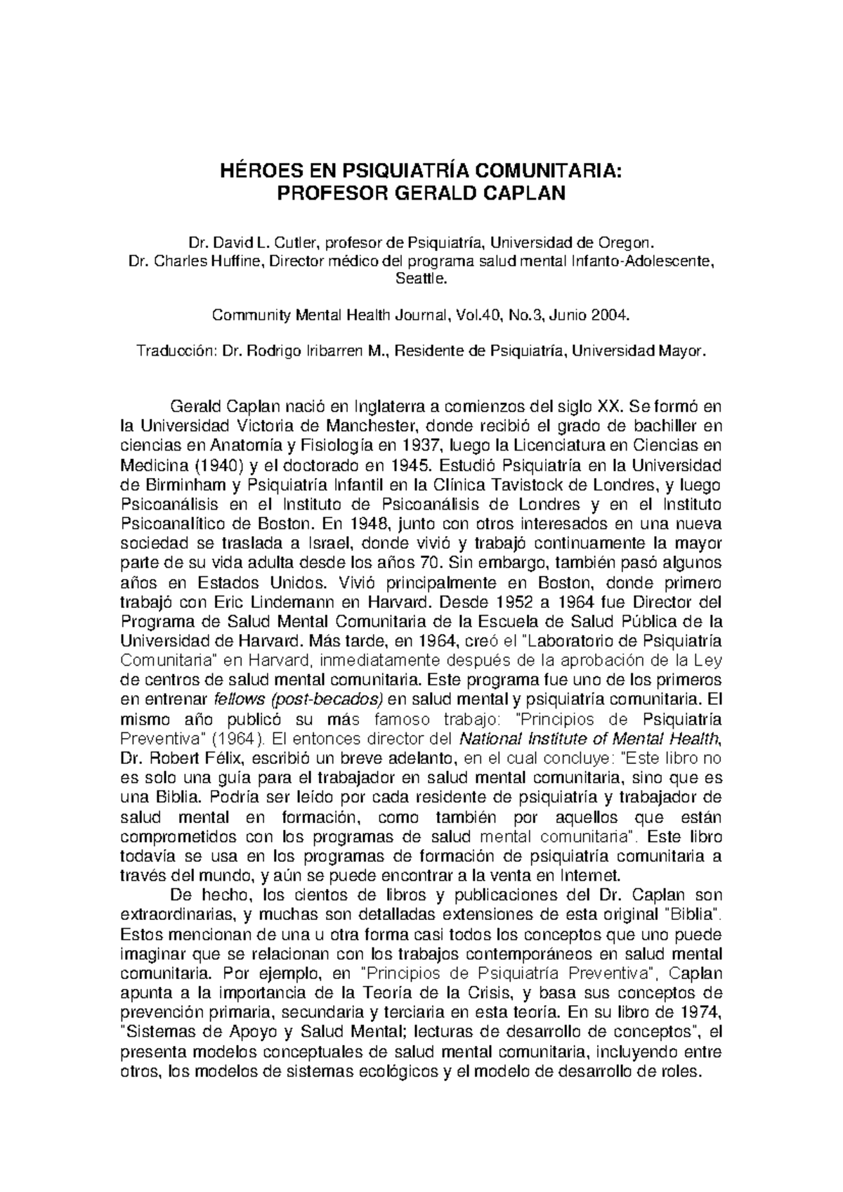 Biografía y Legado del Dr. Gerald Caplan en Salud Mental Comunitaria ...