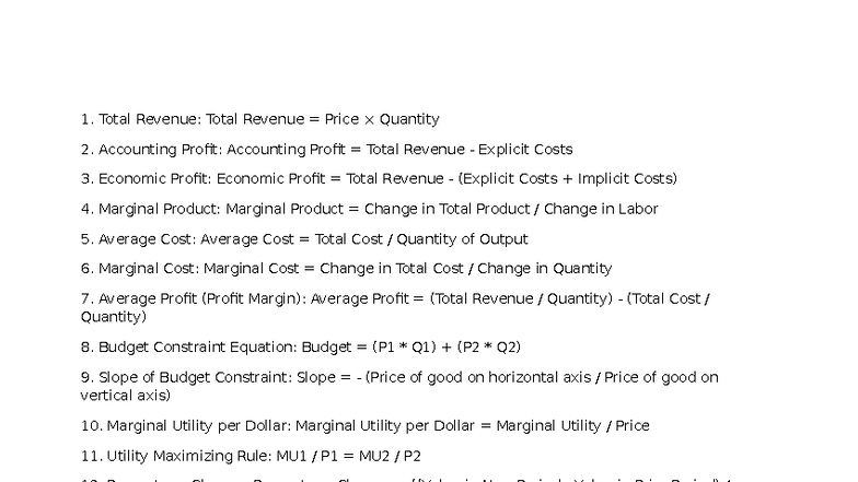 Economics Formulas - Chapter 1 Overview and Key Concepts - Studocu