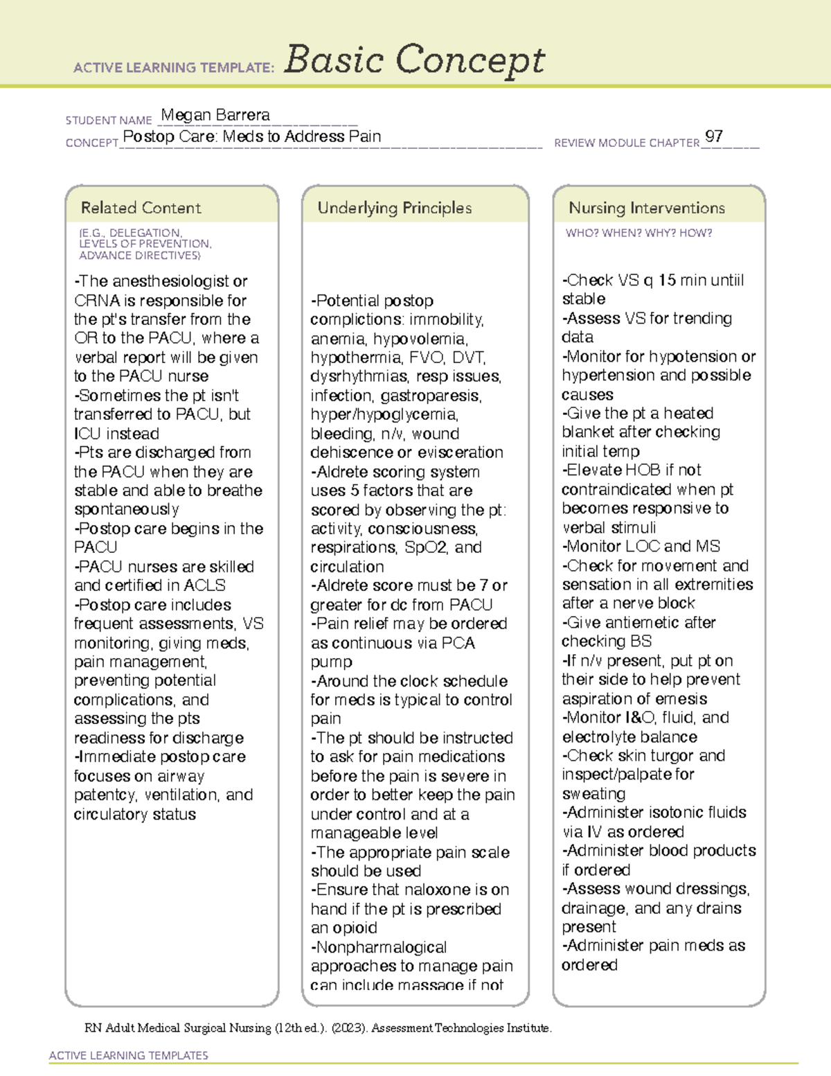 ACTIVE LEARNING TEMPLATE: Postop Care Meds & Nursing Interventions for ...
