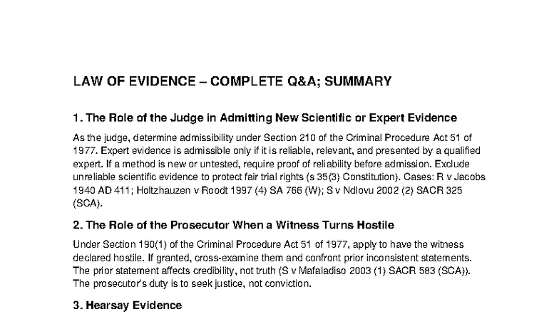 LAW OF EVIDENCE QA SUMMARY (LAW 101) - Studocu