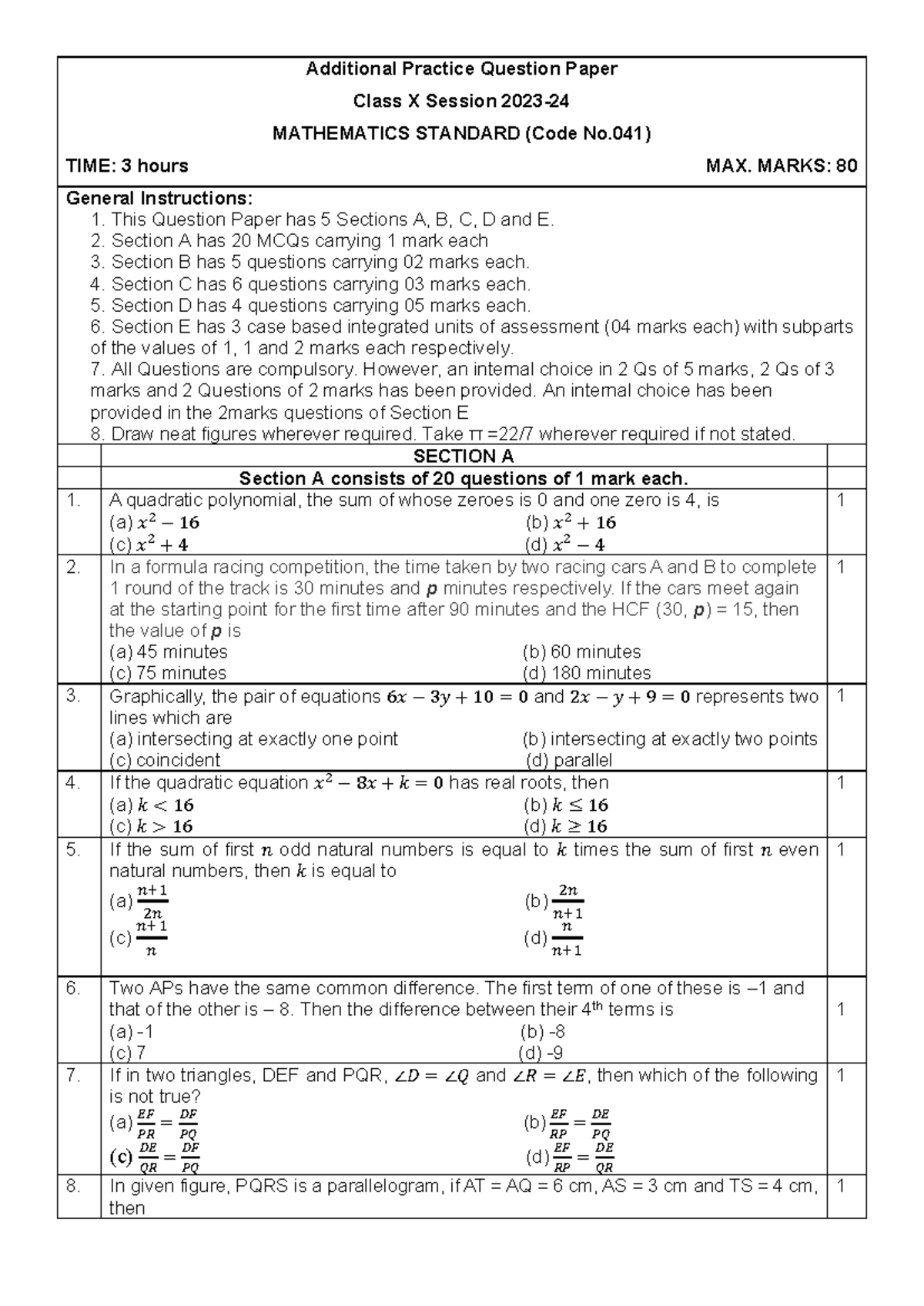Mathematics Standard Class X Additional Practice Question Paper (Code ...