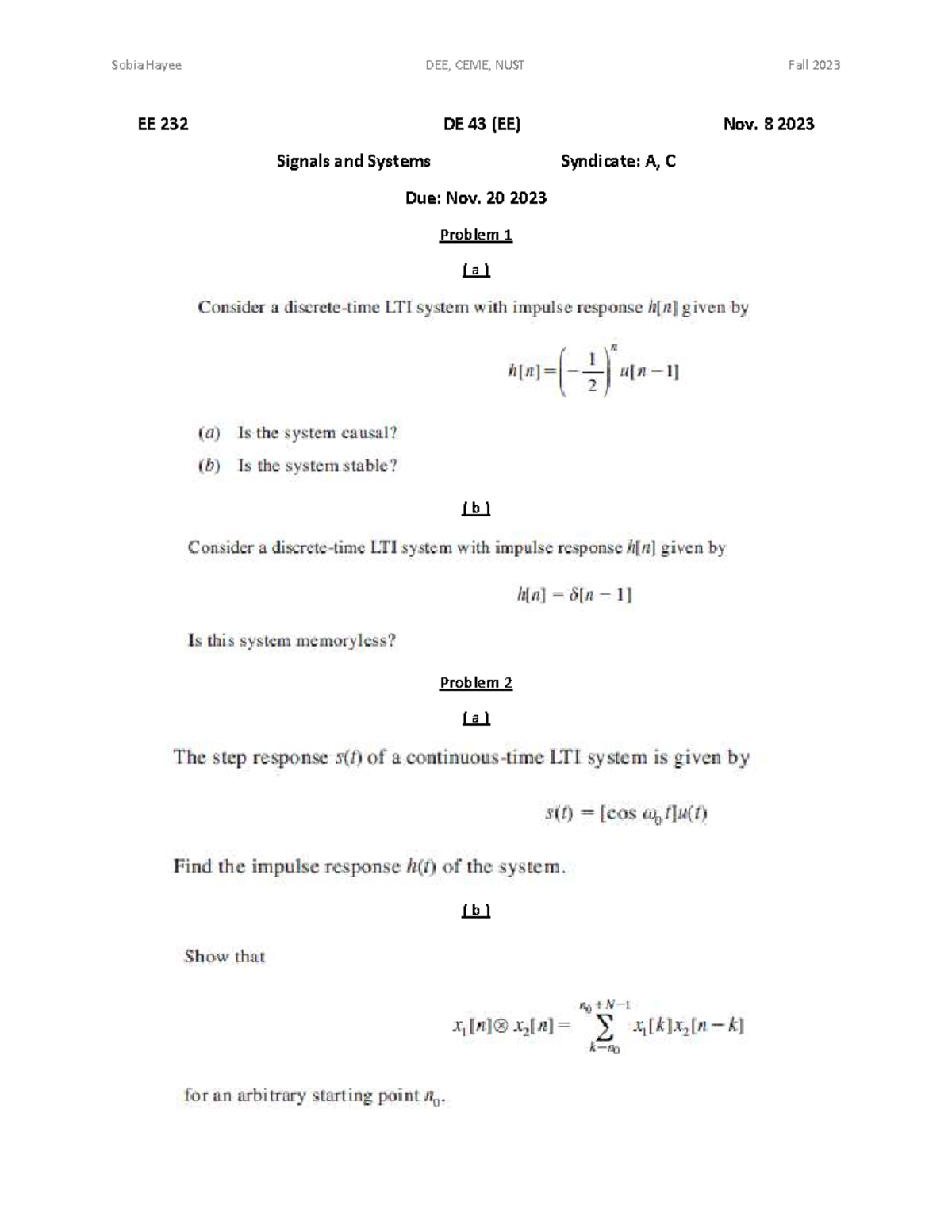 Assignment 2 - ... - signal and system Labs Report - Sobia Hayee DEE, CEME, NUST Fall 2023 EE ...