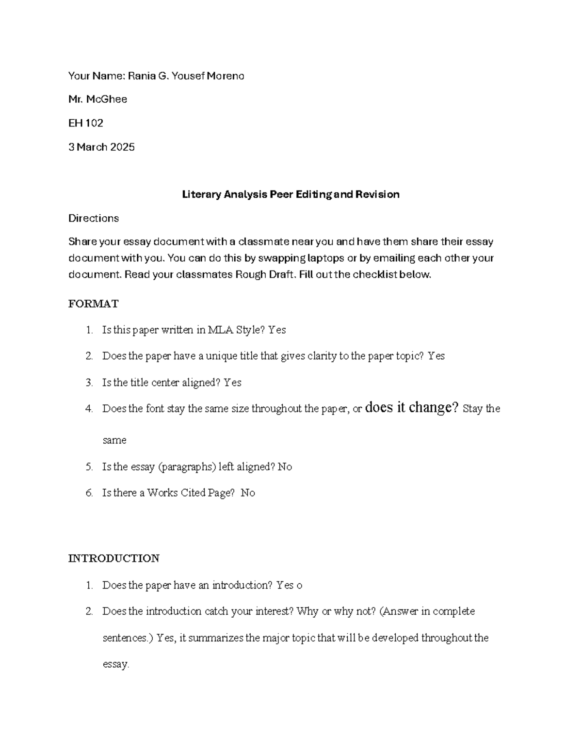 Literary Analysis Peer Review and Editing Checklist - Your Name: Rania ...