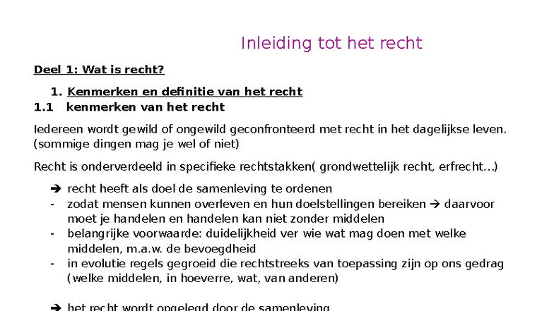 Inleiding tot het recht: Kenmerken, Soorten en Bronnen (Deel 1) - Studocu