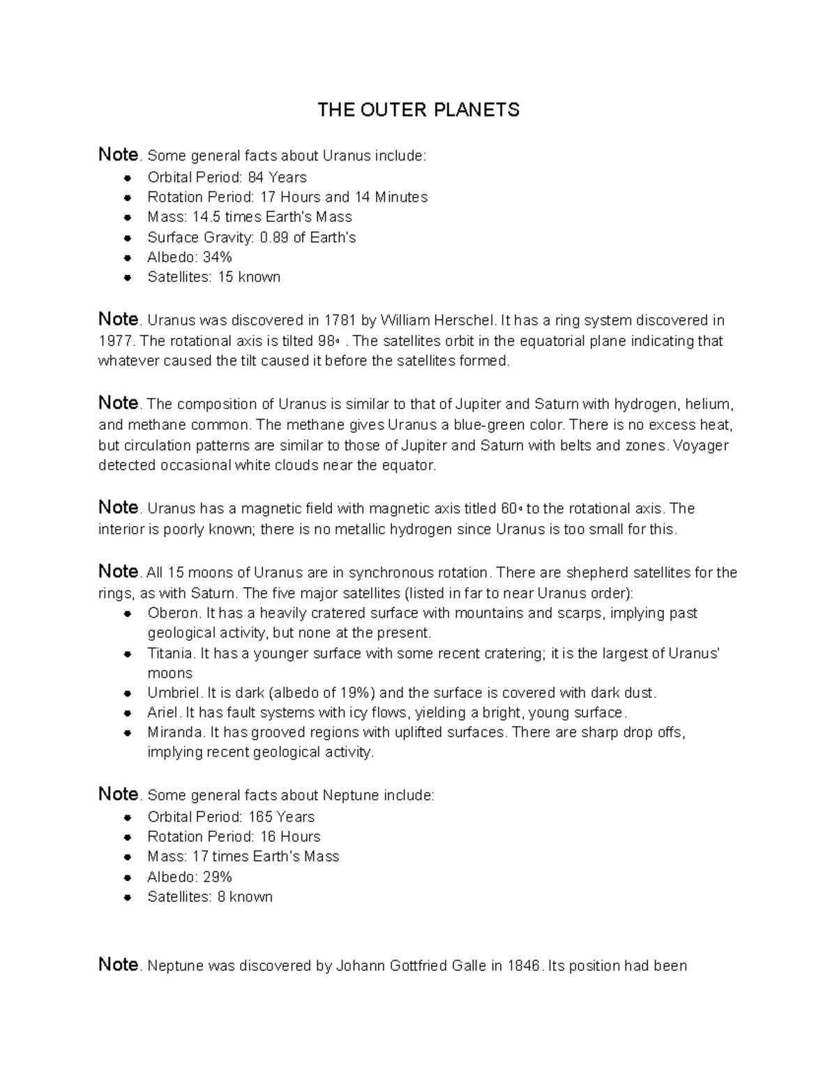 Astronomy Chapter 15 Notes The Outer Planets - THE OUTER PLANETS Note ...