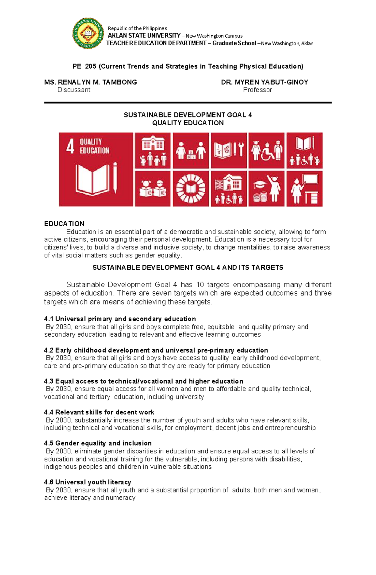 PE 205: SDG 4 - Quality Education and Its Essential Targets - Studocu