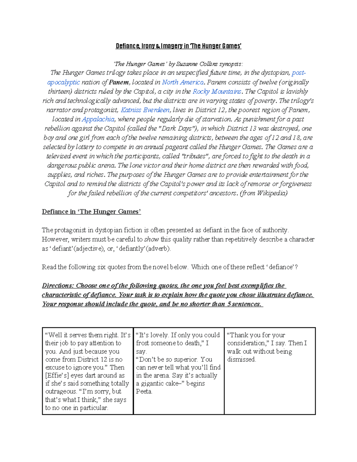 Defiance, Irony & Imagery in The Hunger Games (ENG 101) - Studocu