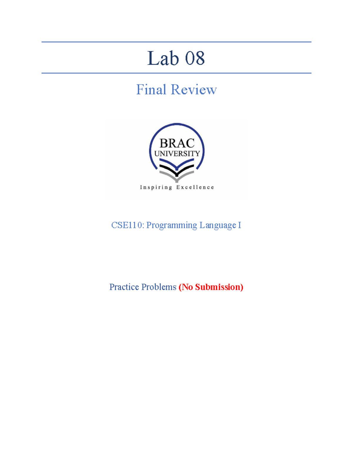Lab 08 Final Review CSE110: Programming Language I Practice Problems - Studocu