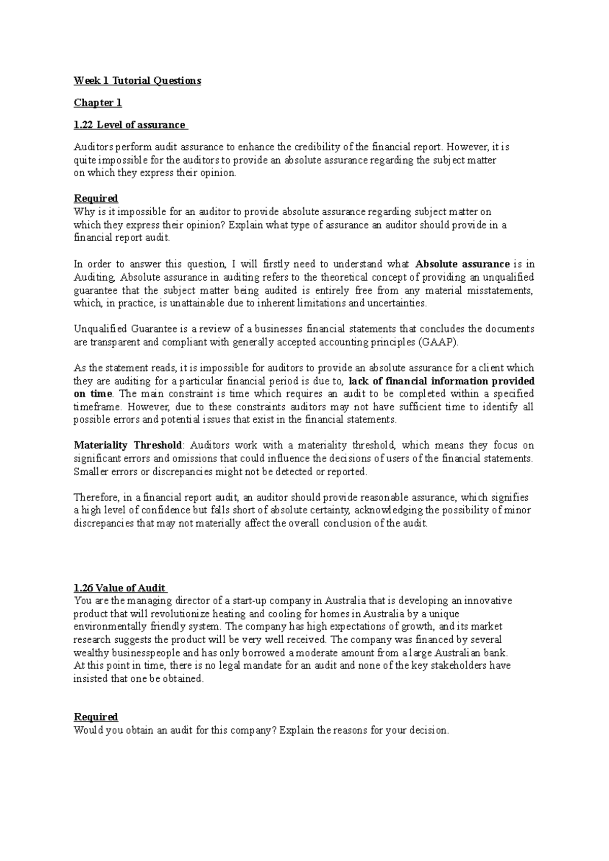 AF304 Week 1 Tutorial Questions: Understanding Audit Assurance Concepts ...