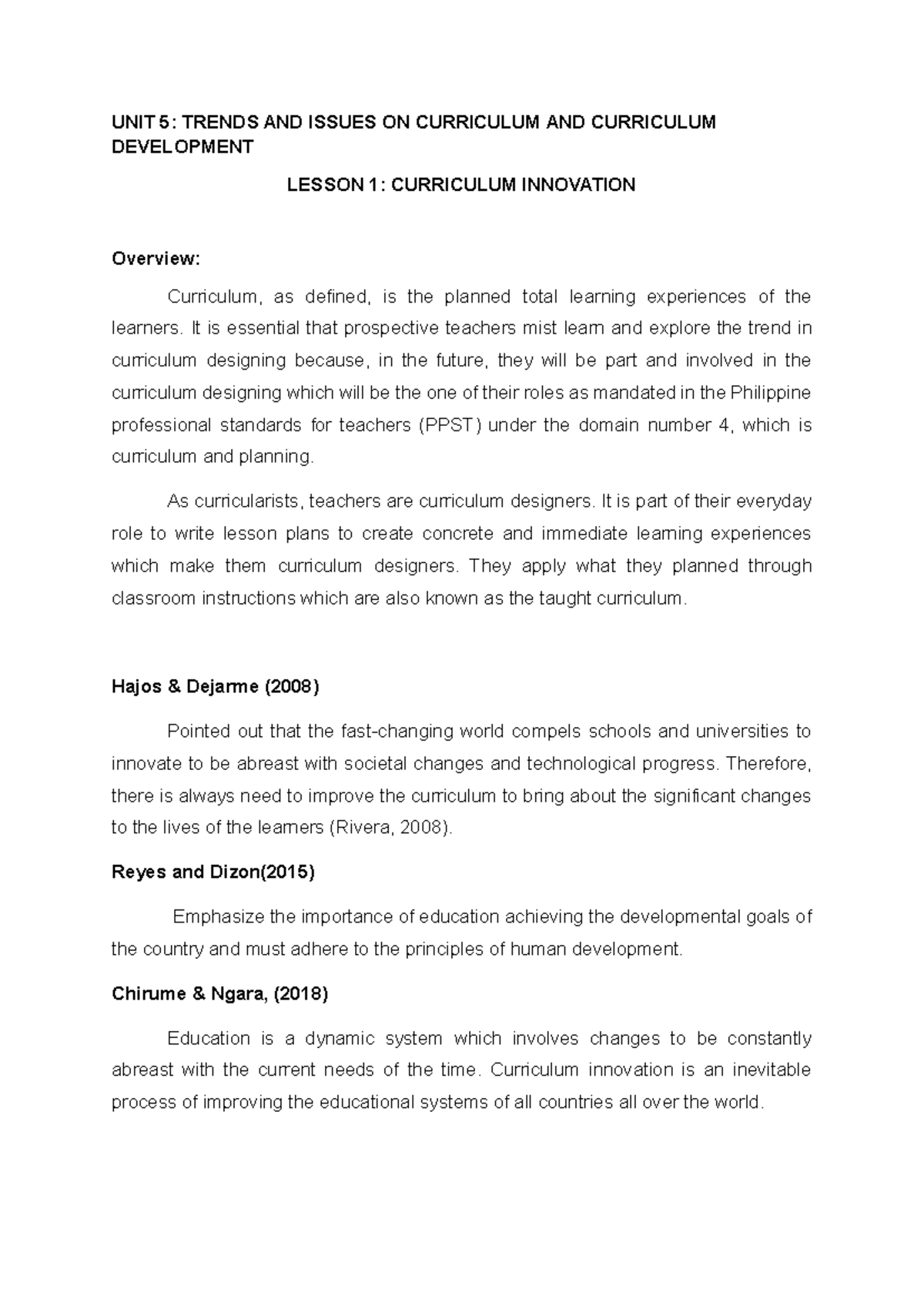 UNIT 5 EDUC106 Trends and Issues in Curriculum Development - Studocu