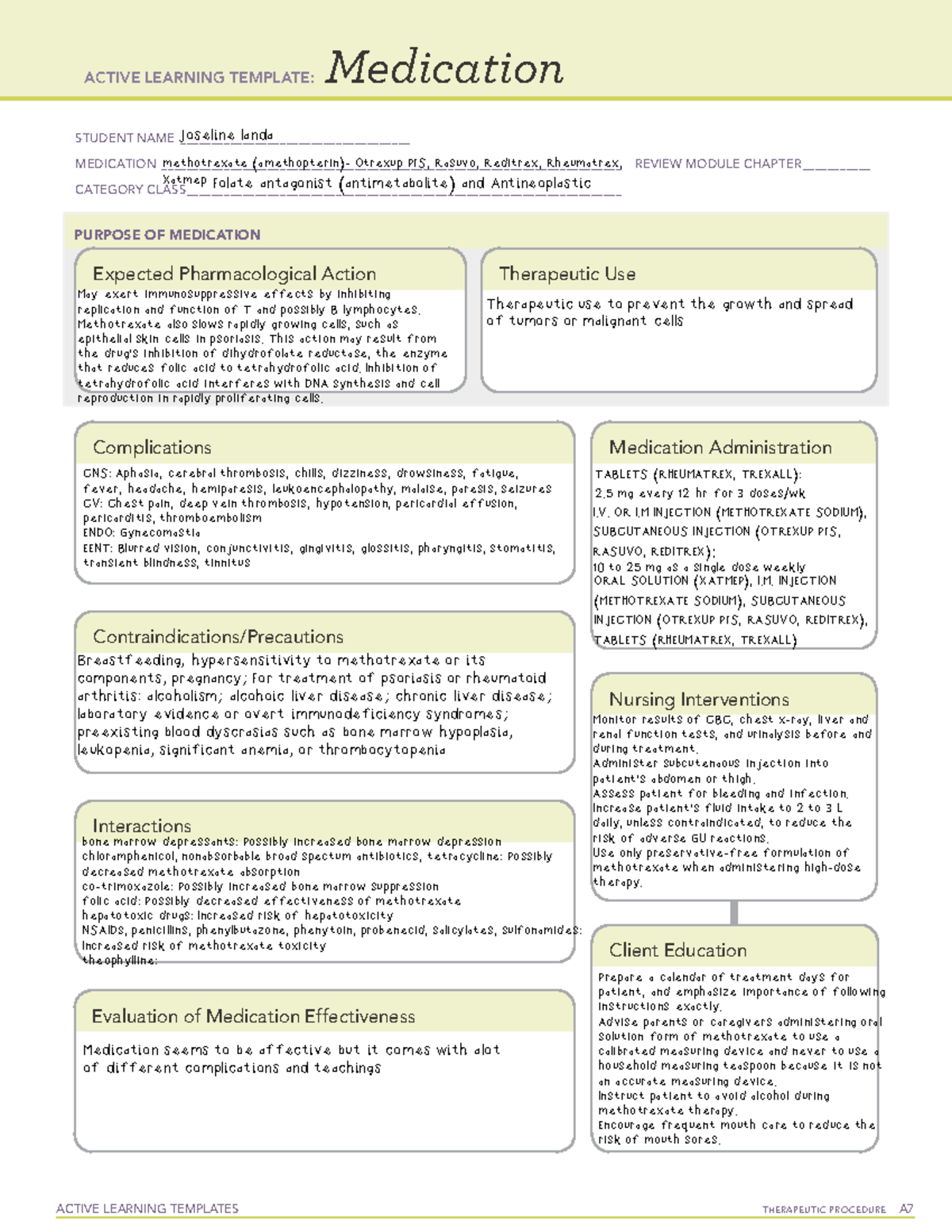 Methotrexate (MATH 201) - Active Learning Template & Review Guide - Studocu
