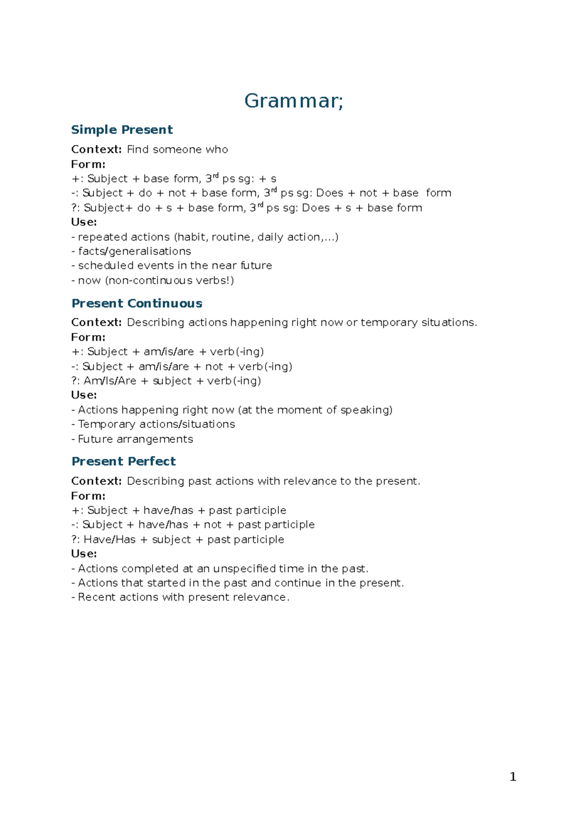 English Exam JAN - Summary of Grammar & Culture 1A - Studocu