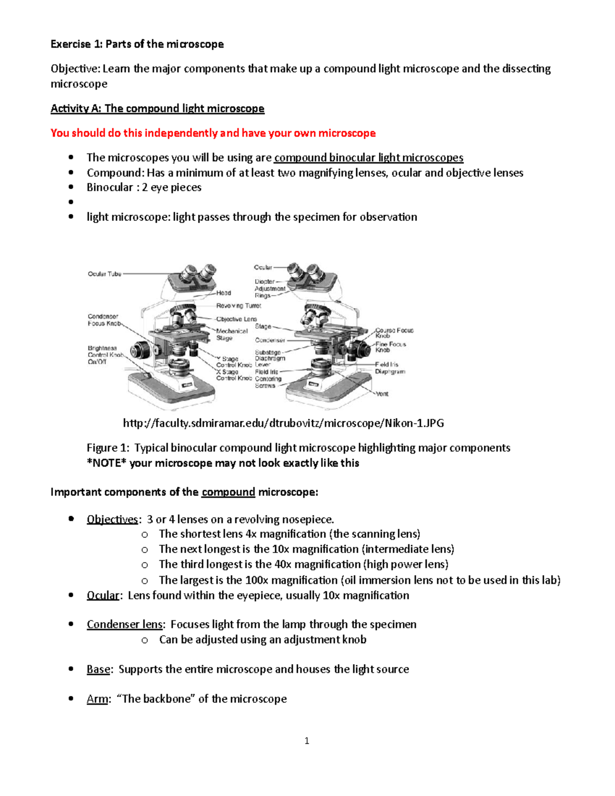 114 Microscopy worksheet for students - Exercise 1: Parts of the ...
