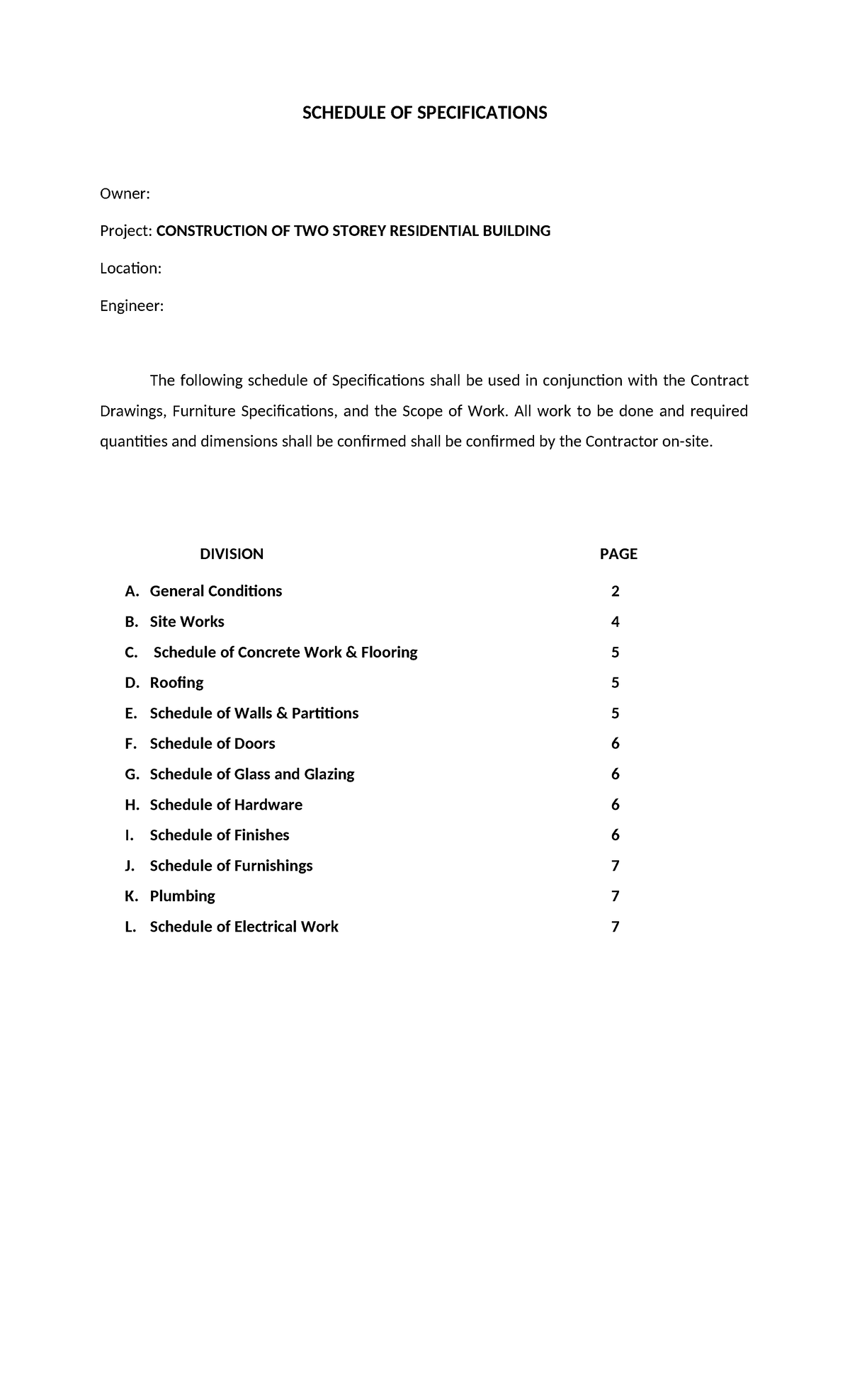 Schedule OF Specifications - SCHEDULE OF SPECIFICATIONS Owner: Project ...